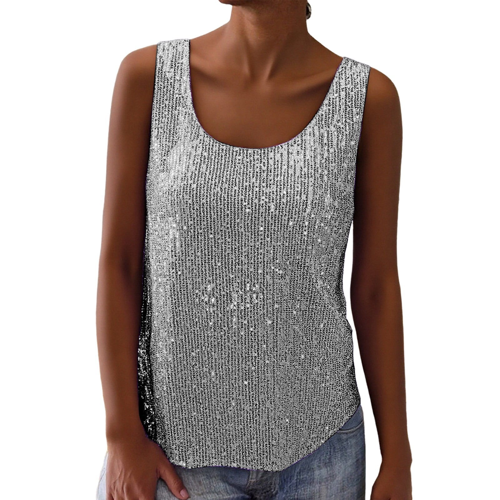 Daznico Sparkly Festival Sleeveless Tank Camisole Loose Round Neck ...