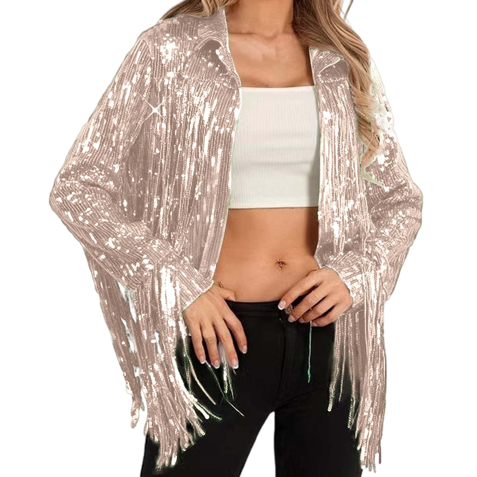 Daznico Stylish Casual Fringe Sequin Jacket Outerwear Sparkly Coat for ...