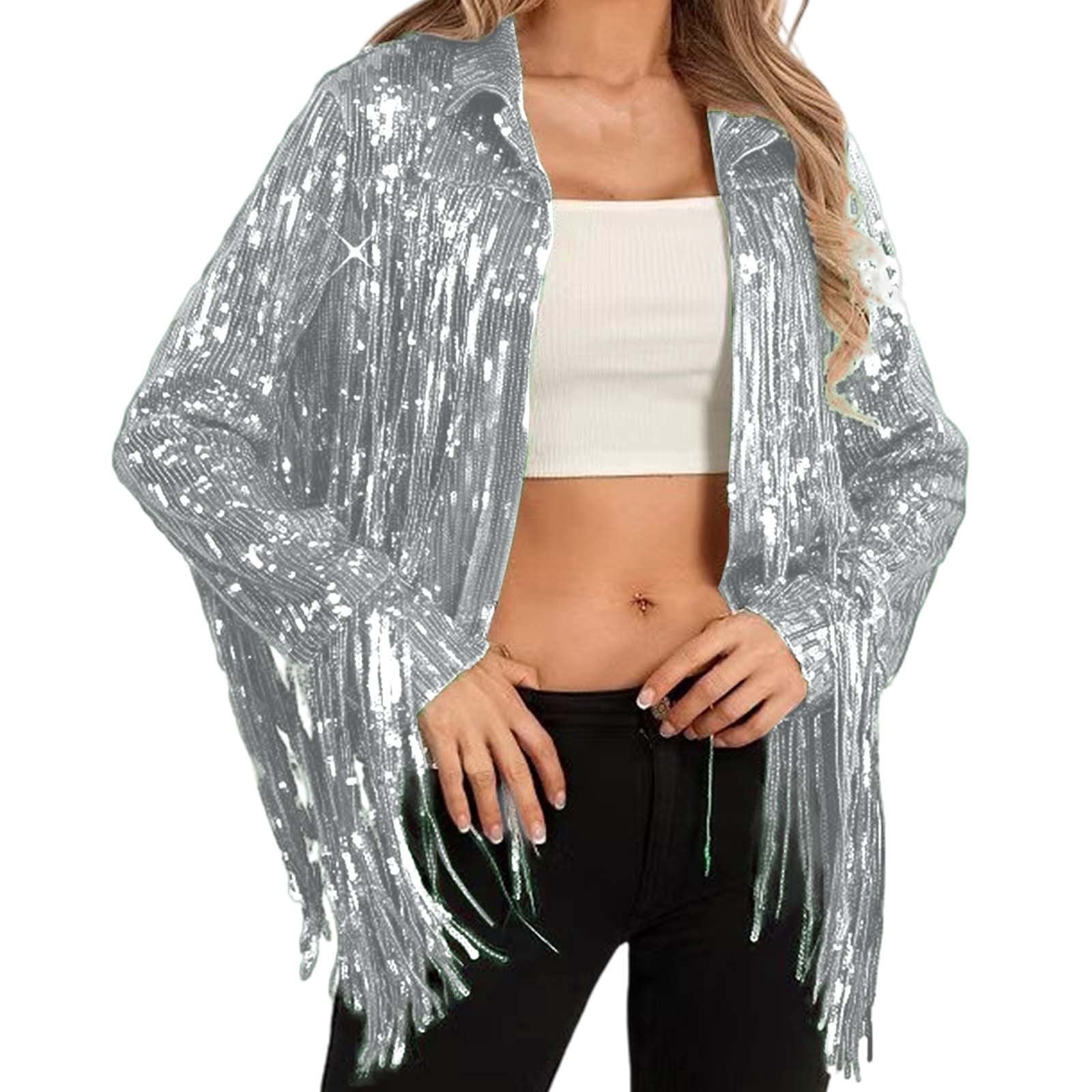 Daznico Stylish Casual Fringe Sequin Jacket Outerwear Sparkly Coat for ...