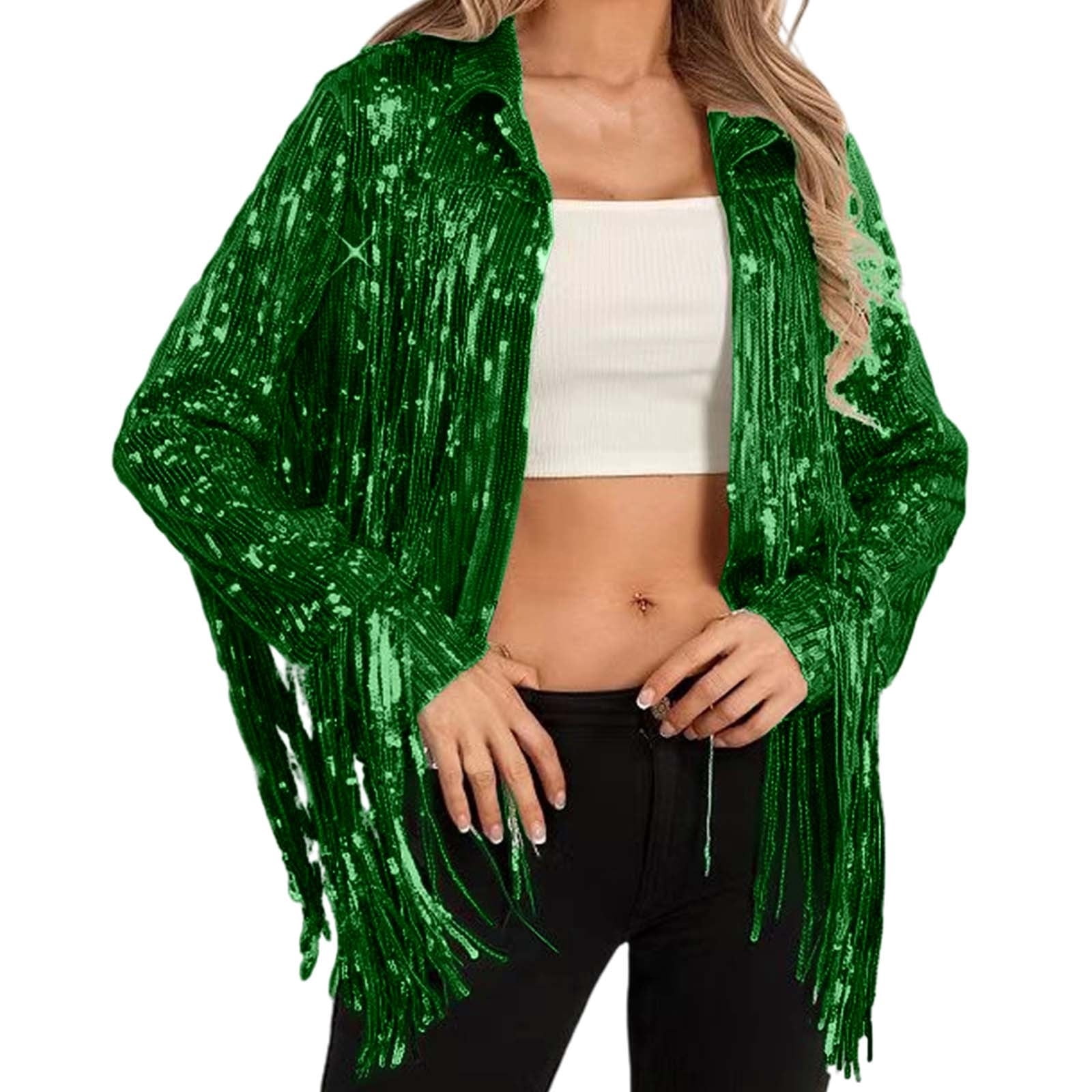 Daznico Stylish Casual Fringe Sequin Jacket Outerwear Sparkly Coat for ...