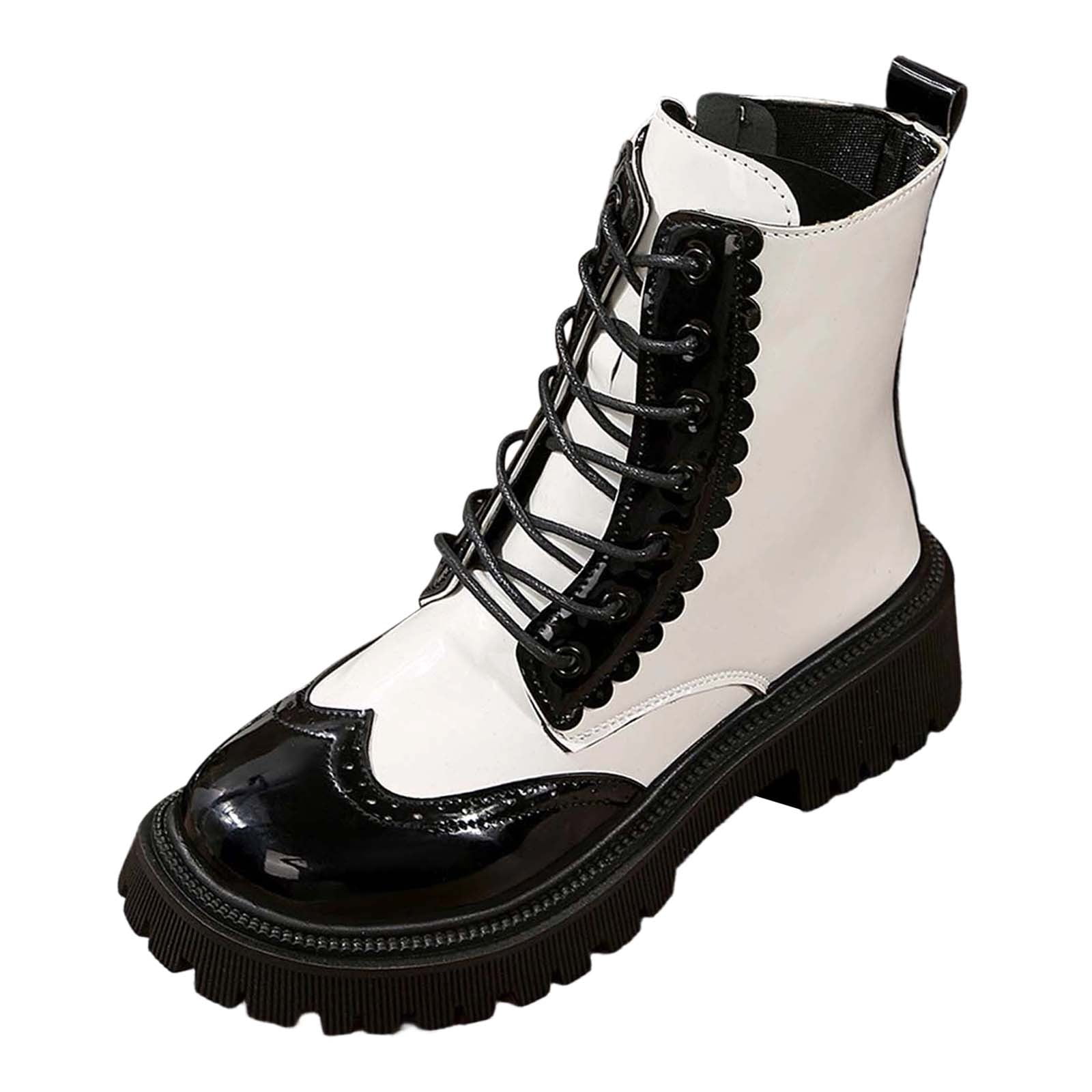 Daznico Winter Boots for Women,Lace Up Boots with Round Toe Mid Heel and Heel In Two Tone Colors ...