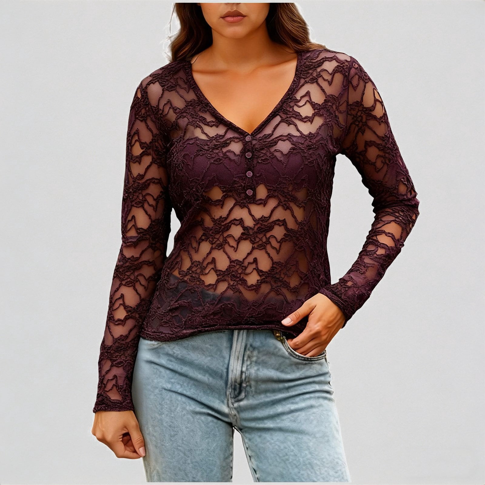 Daznico Womens Black Sheer Lace Long Sleeve Blouse Deep V Neck Button