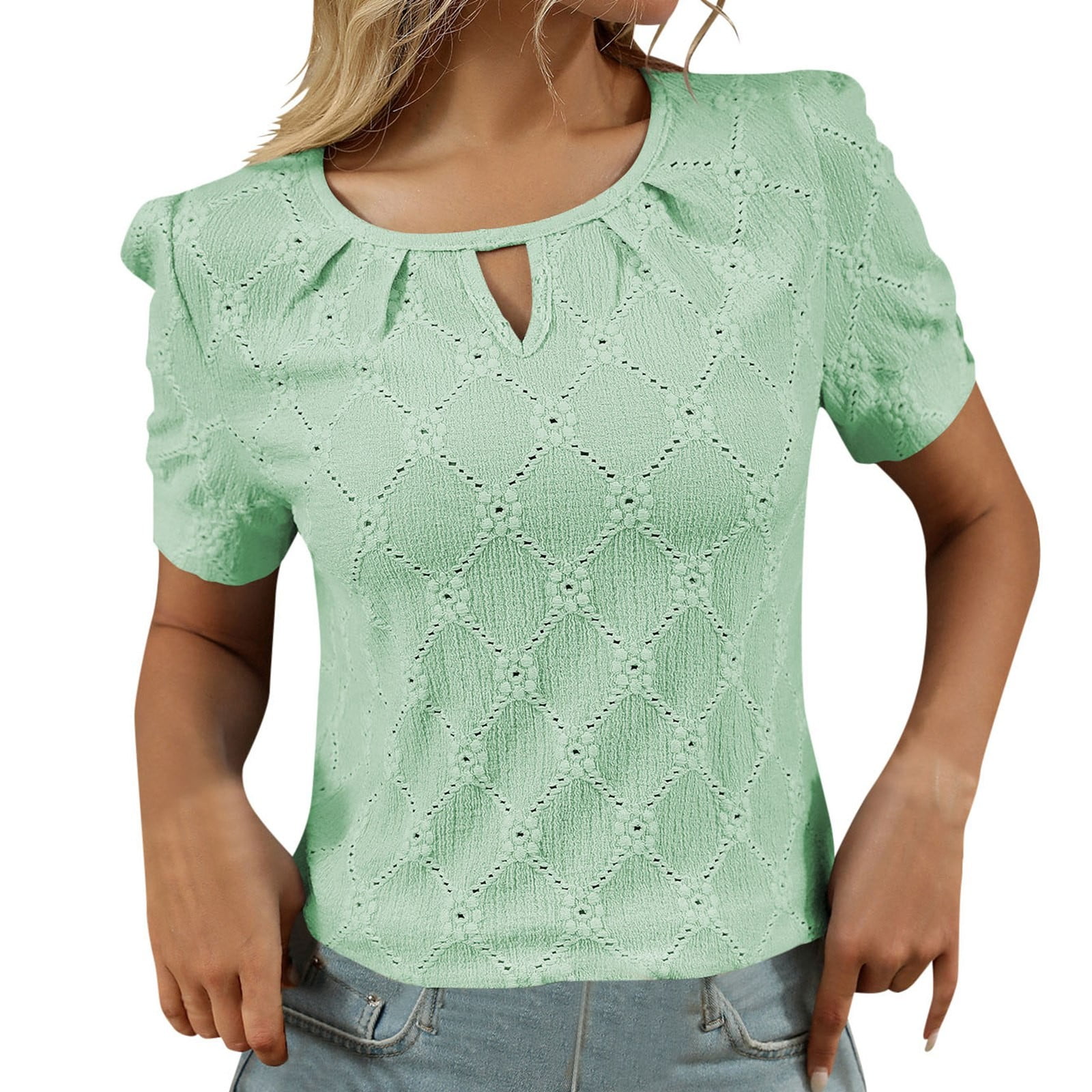 Daznico Women's Eyelet Embroidery Top, Keyhole Neck Puff Sleeve Casual ...