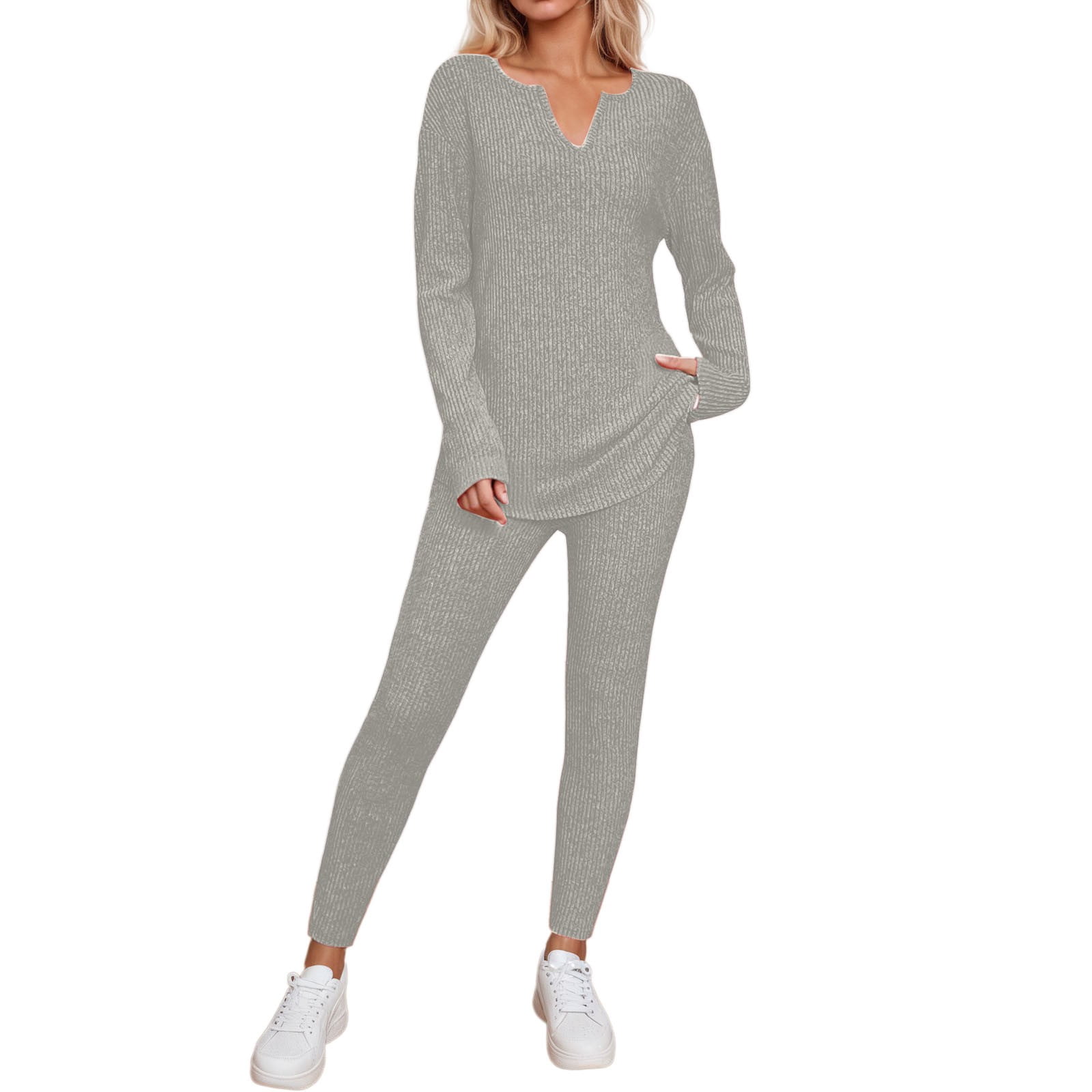 Daznico Women's Knit Pants Set - V Neck Long Sleeve Top & Slim Fit ...