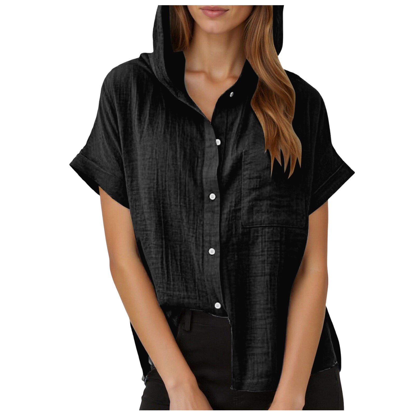 Daznico Women's Linen Lapel Shirt: Short Sleeve Button Down with Pocket ...