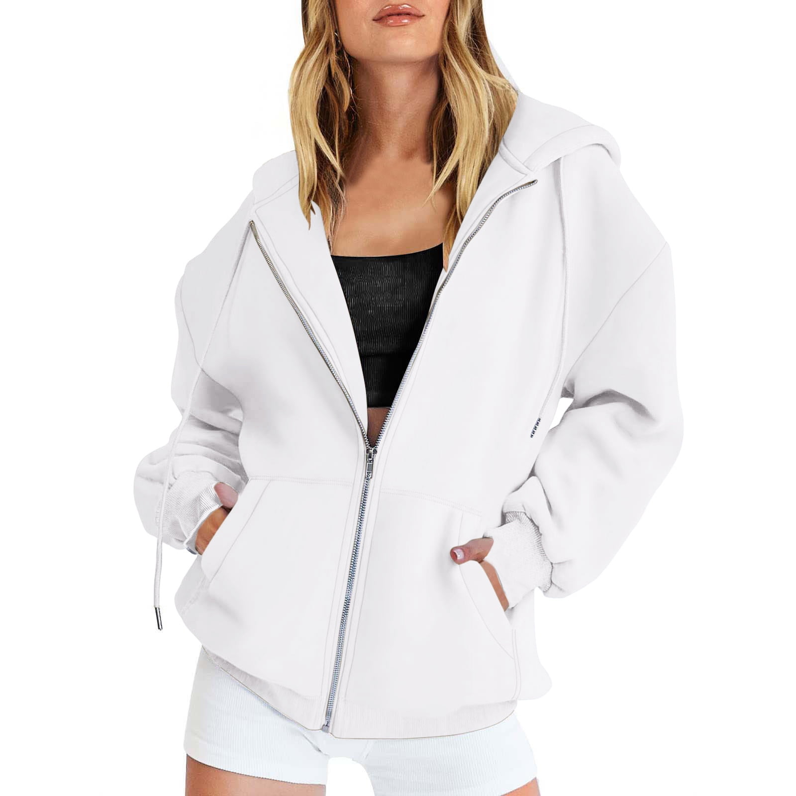 Daznico Women's Oversized Zip Hoodie Pullover with Pockets & Thumb ...