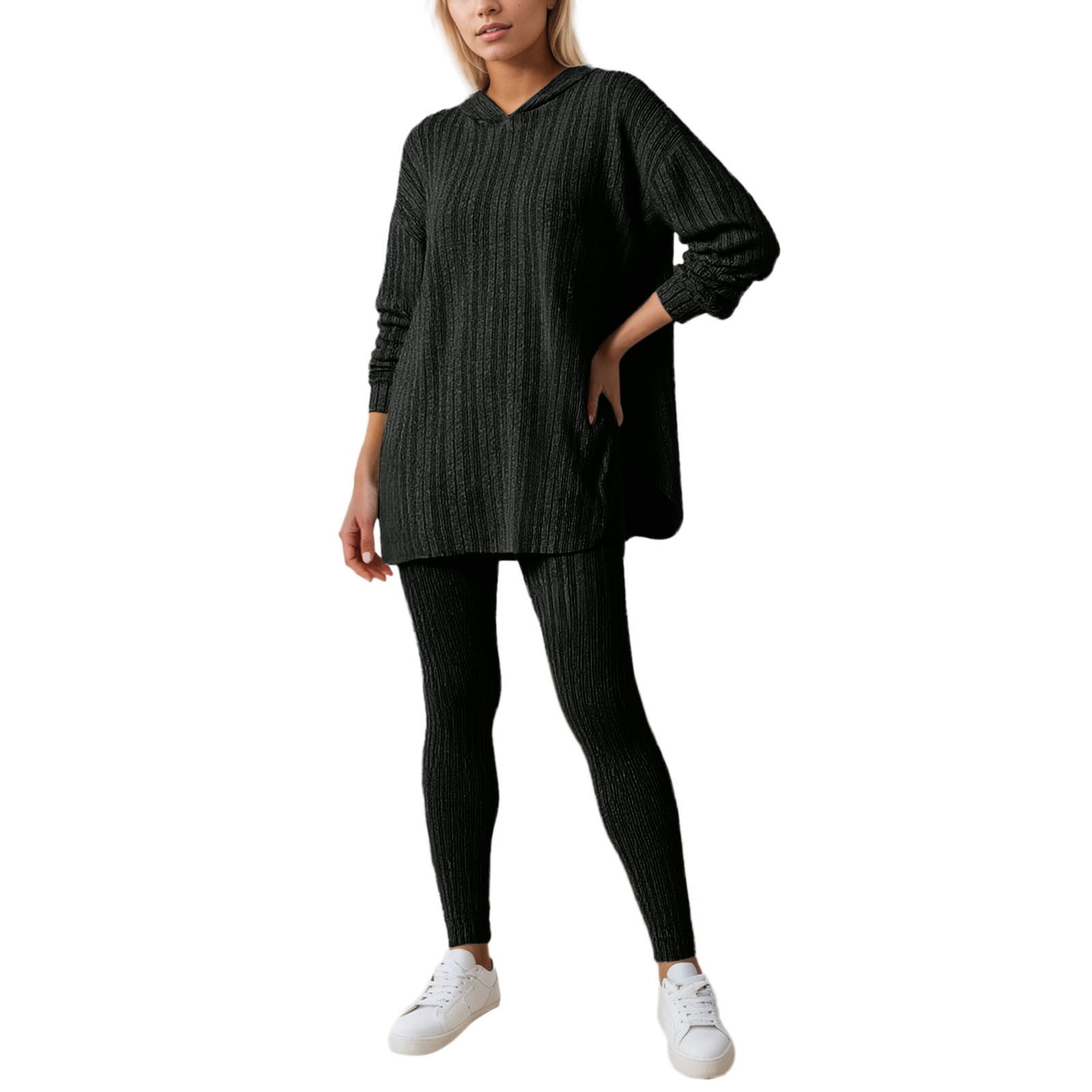 Daznico Women's Ribbed Tracksuit Set - Loose Fit Hoodie & Slim Pants ...