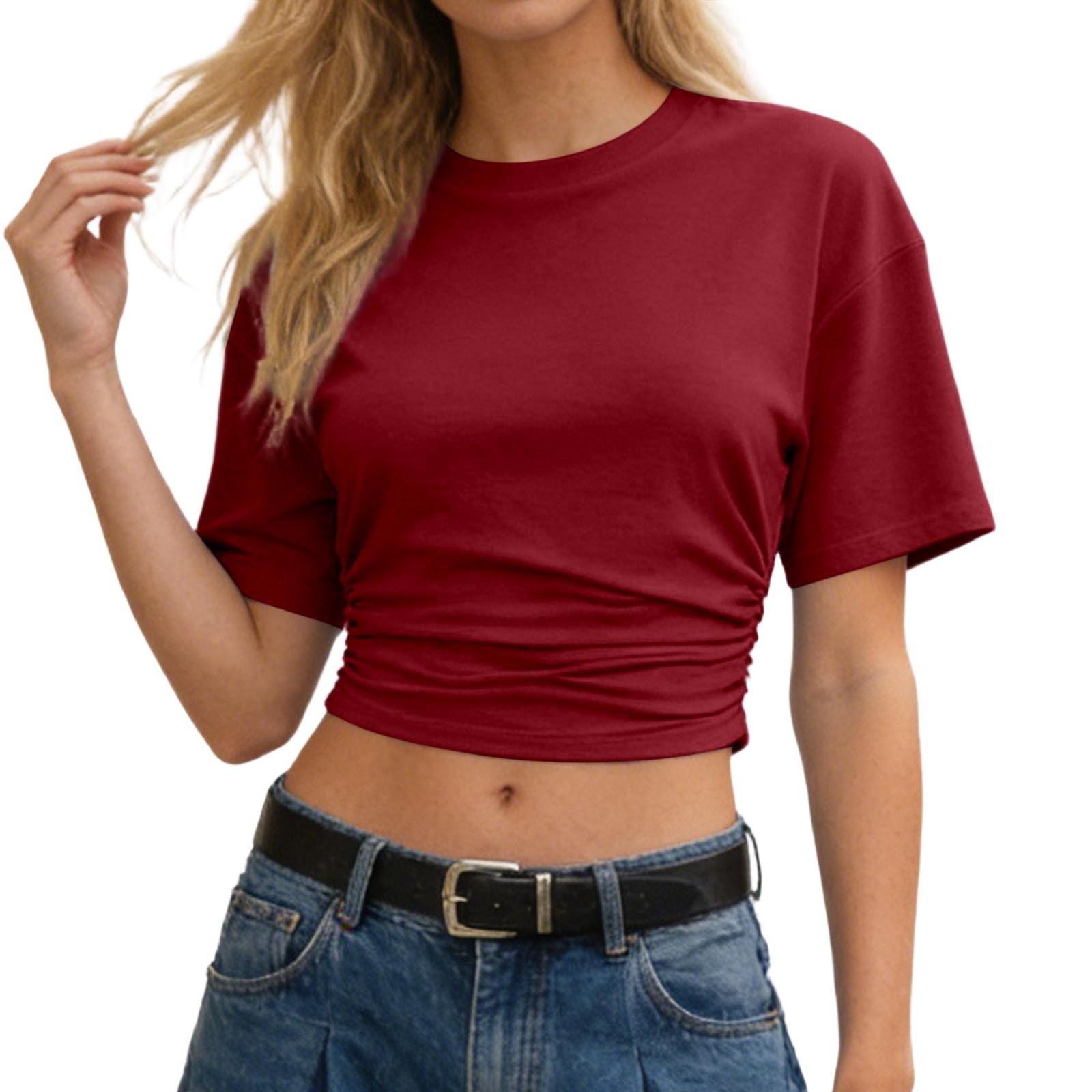 Daznico Women's Round Neck Short Sleeve Ruched Waist Crop Top Slim Fit ...
