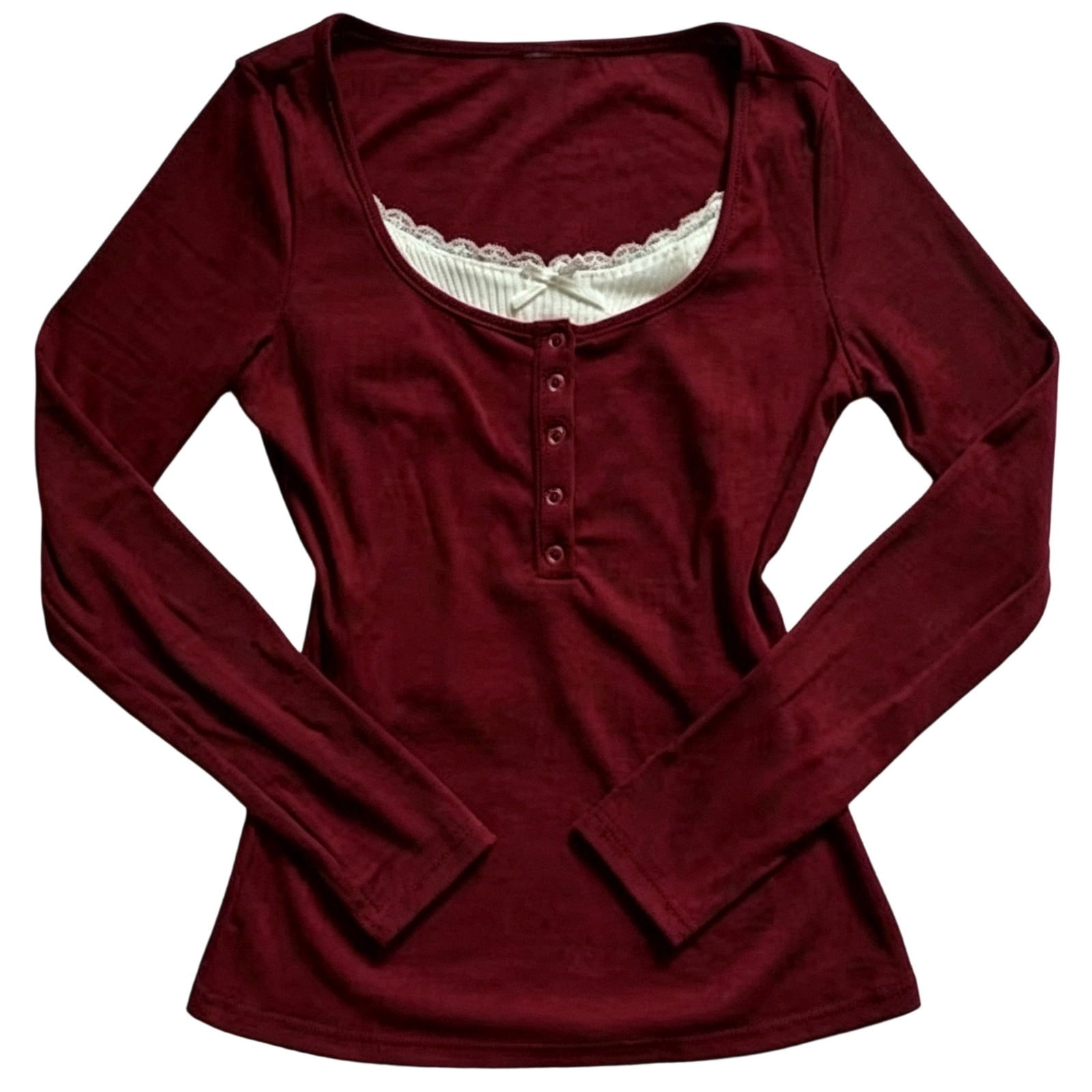 Daznico Women's Solid Square Neck Lace Trim Button Front Slim Fit ...