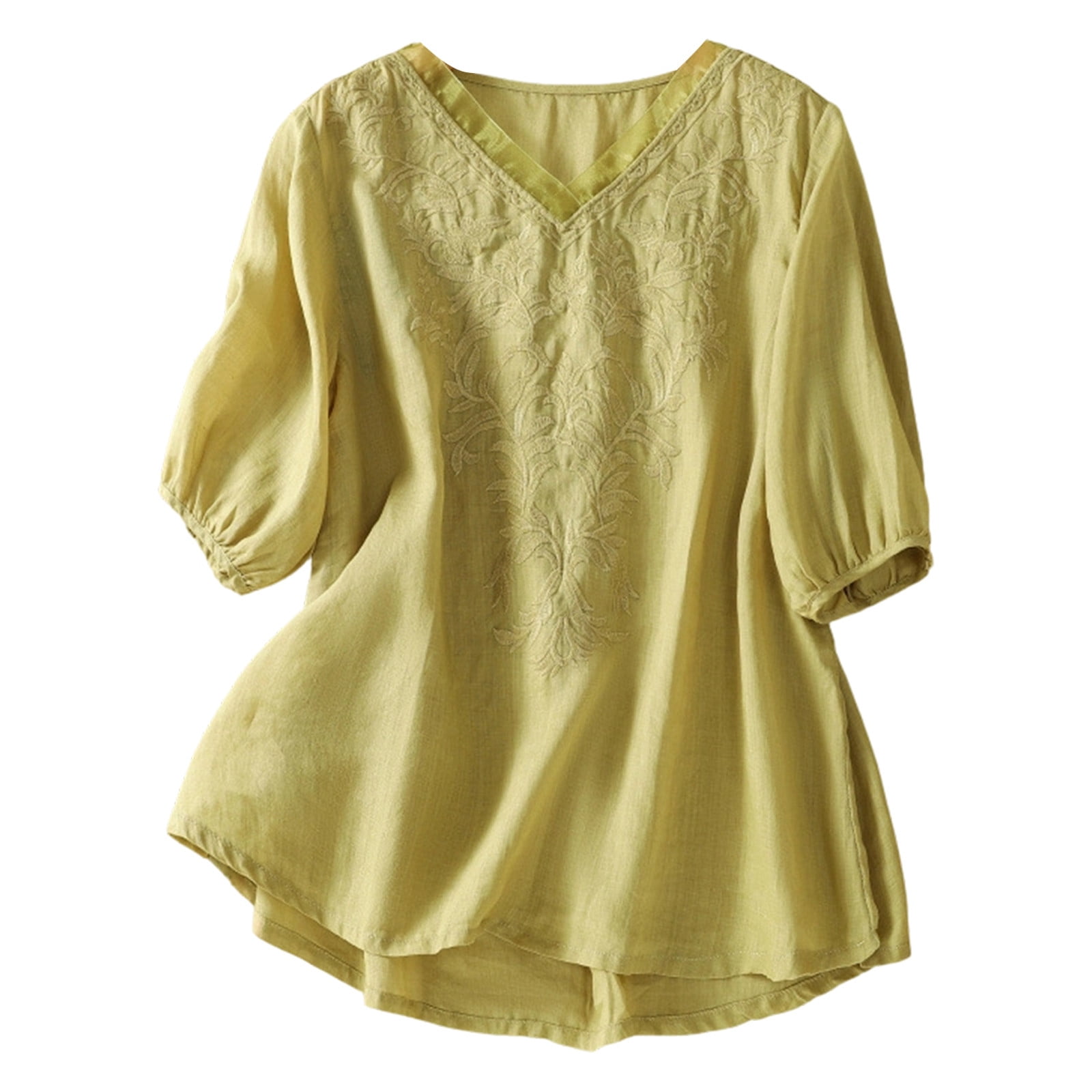 Daznico Women's V Neck 3/4 Sleeve Embroidered Floral Blouse Loose Fit ...