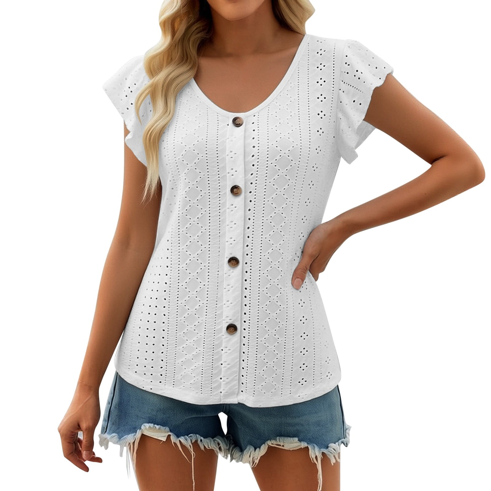 Daznico Women's V Neck Eyelet Blouse with Button Detail and Flutter ...