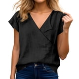Daznico Women's V Neck Wrap Front Short Sleeve Blouse Casual Summer ...