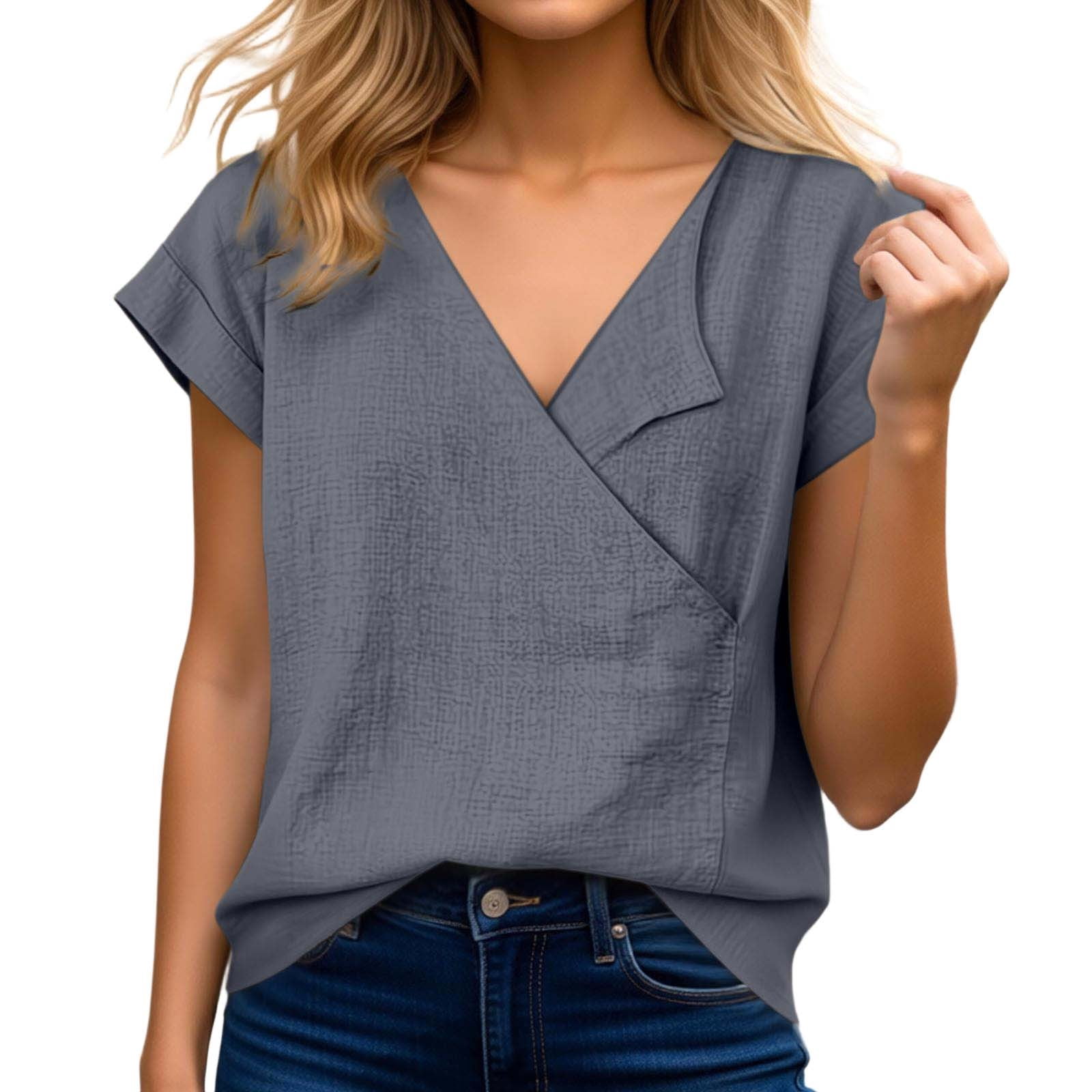 Daznico Women's V Neck Wrap Front Short Sleeve Blouse Casual Summer ...