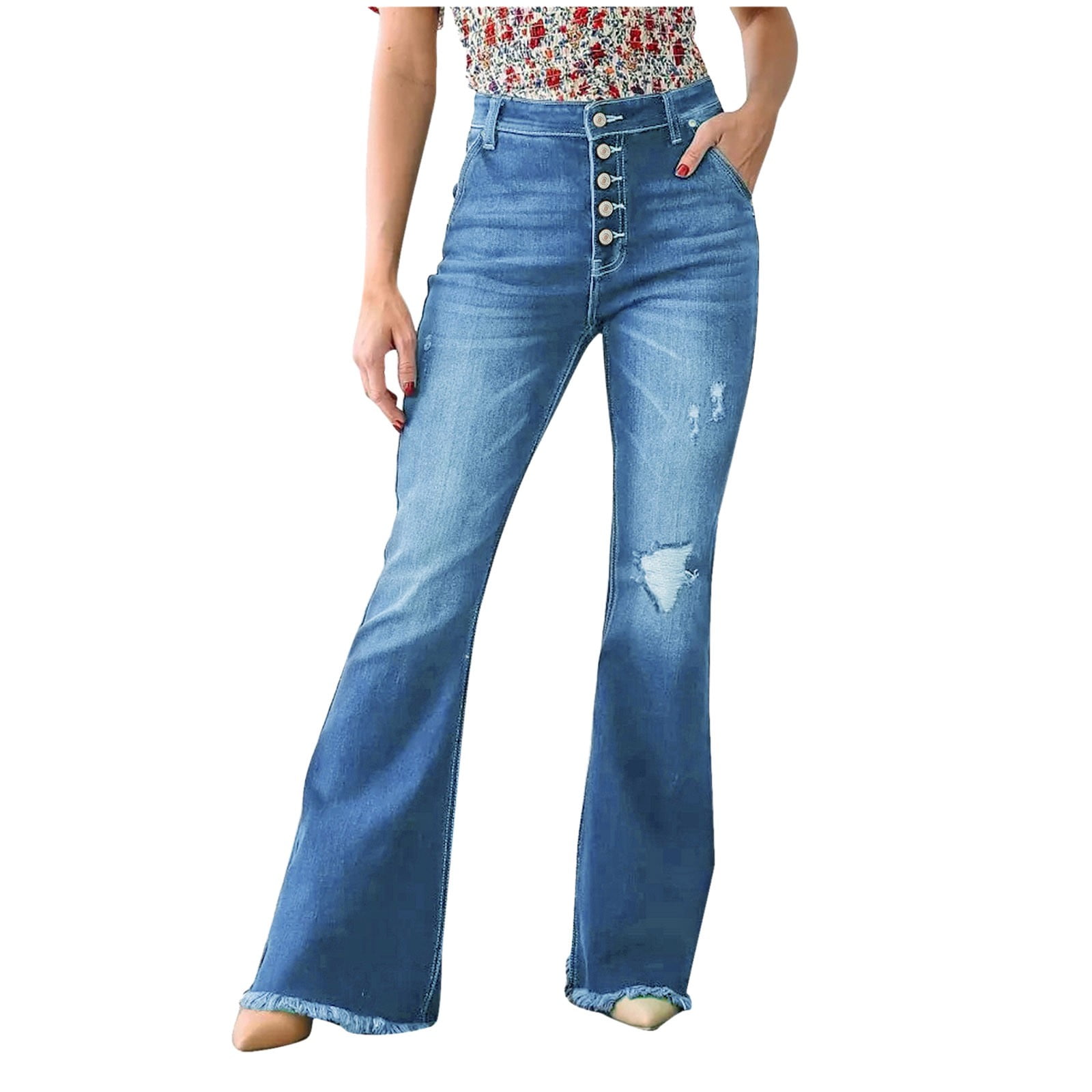 Daznico Womens Casual Classical Blue High Waist Ripped Flare Jeans ...