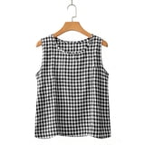 Daznico Womens Gingham Check Sleeveless Crewneck Tank Top Loose Fit ...
