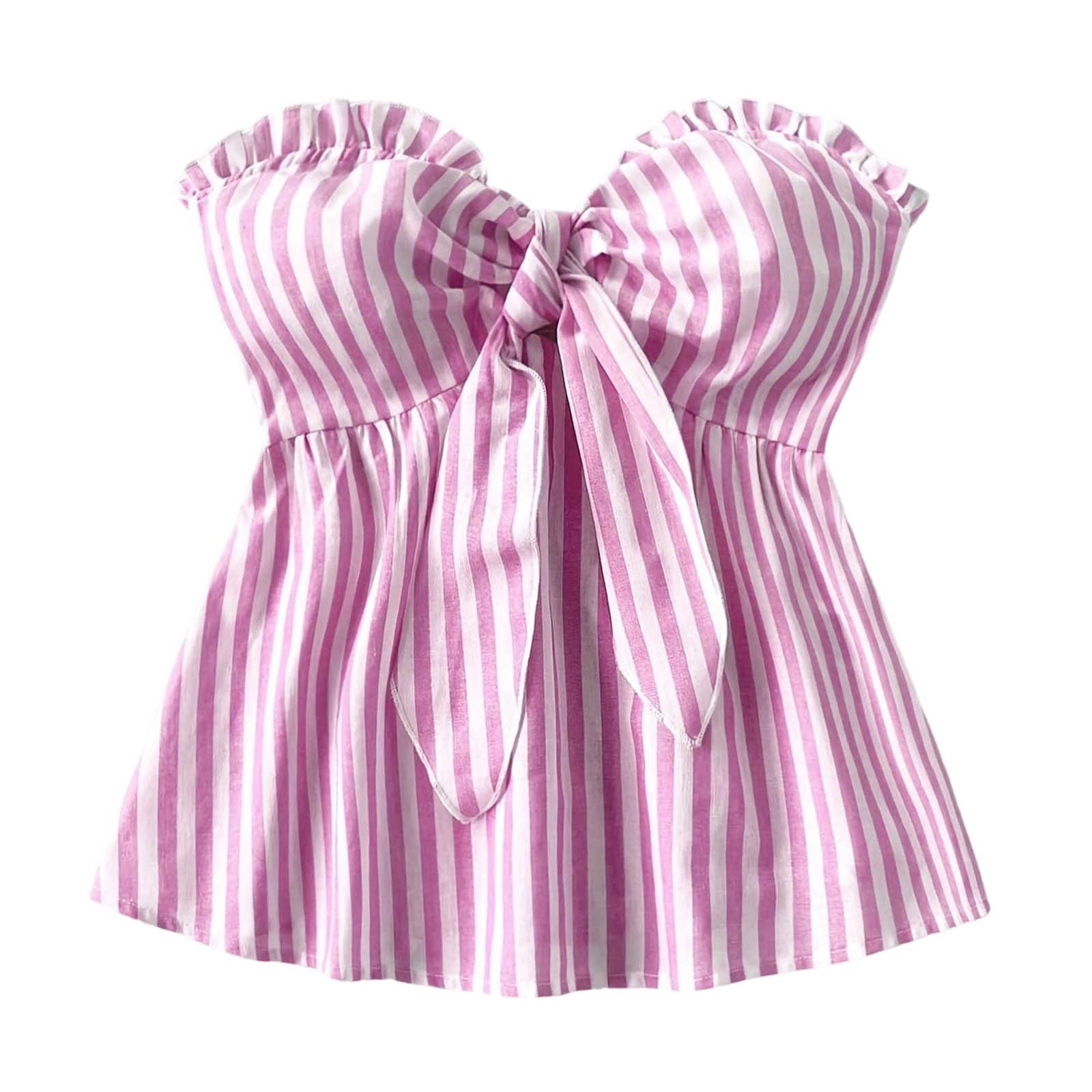 Daznico Womens Striped Tube Top Peplum Ruffle Bustier with Front Knot ...