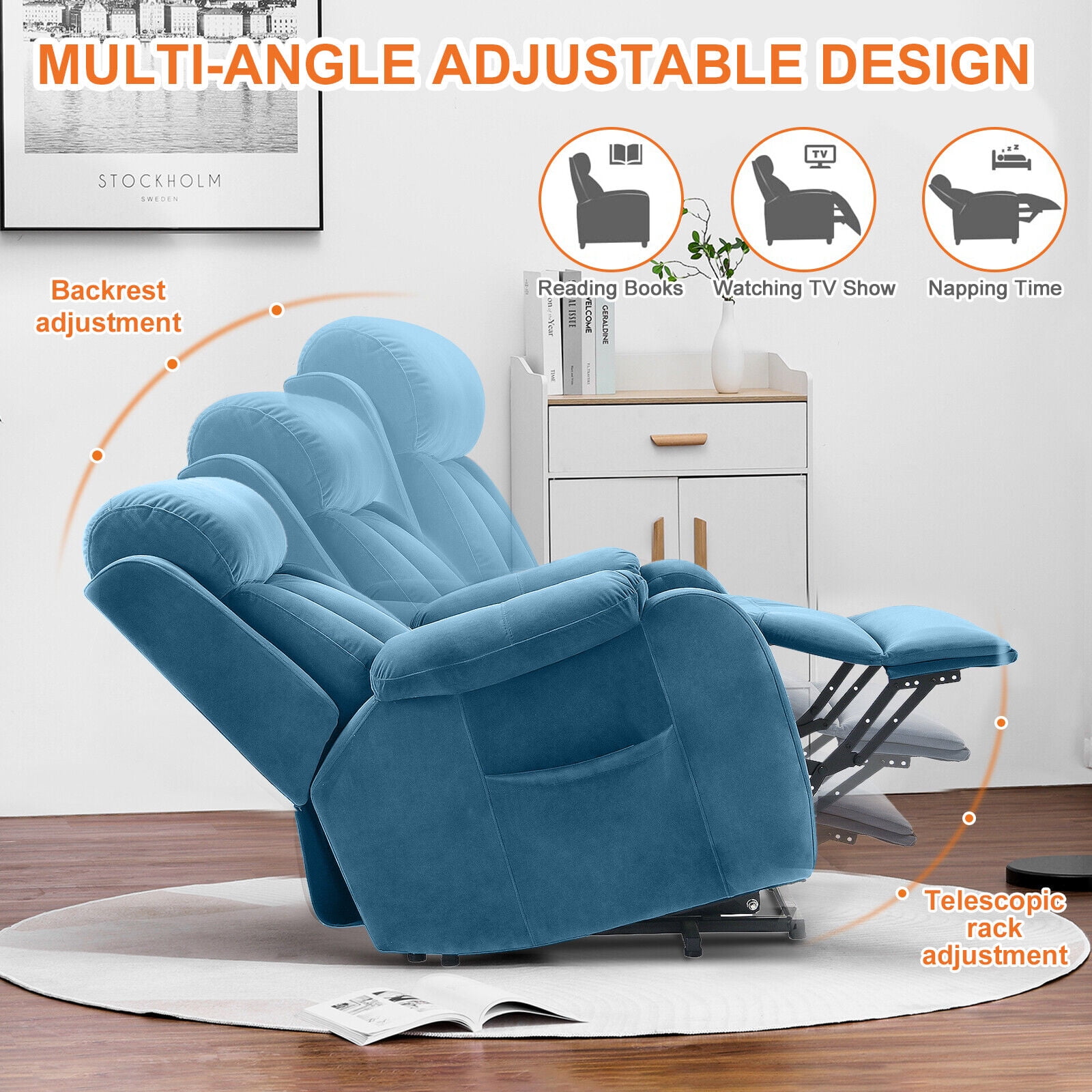 Dazone Electric Power Lift Recliner Chair, Velvet, Blue, Remote Control ...
