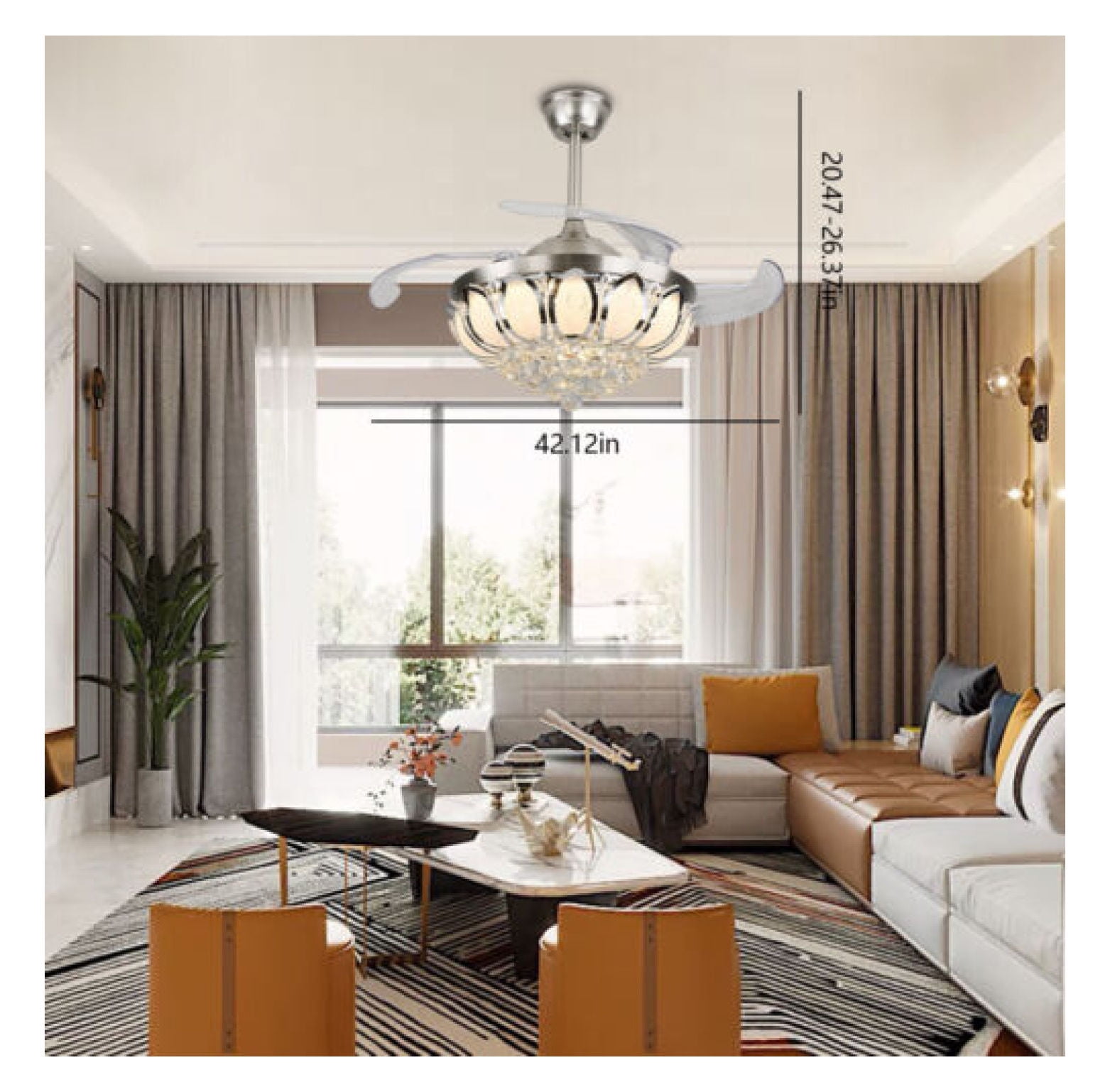 DazzAura 42" Crystal Invisible Ceiling Fan Light Retractable Blades LED ...