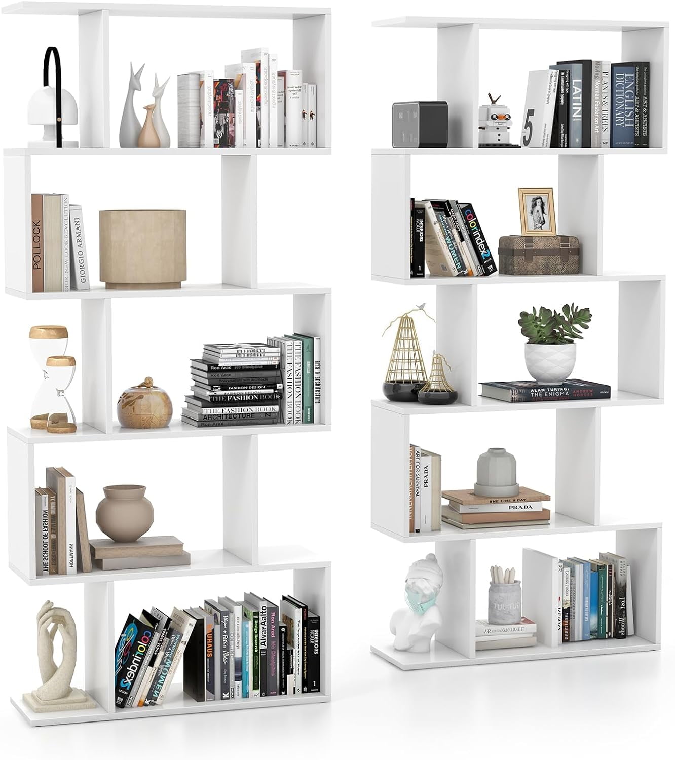 DazzAura 5-Tier Geometric Bookshelf, S Shaped Bookcase w/Anti-Toppling ...