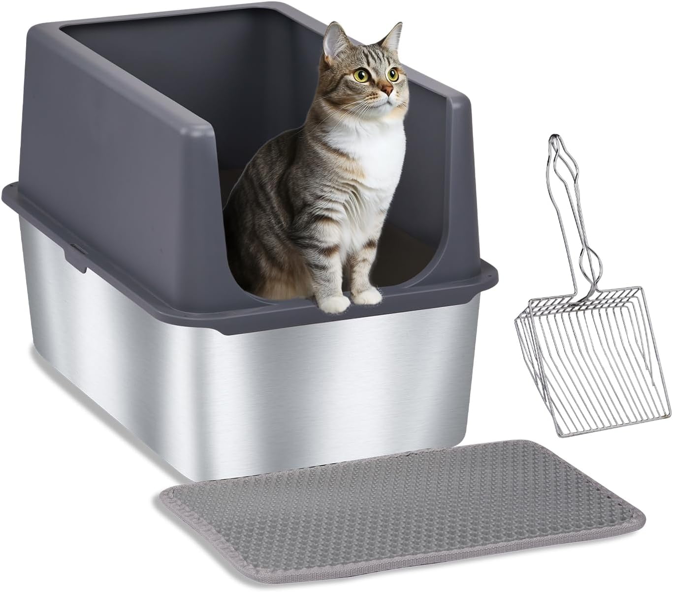 DazzAura Enclosed Stainless Steel Cat Litter Box with Lid, 23.6" XXL ...