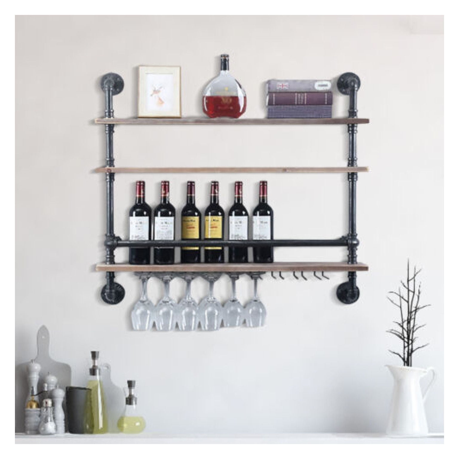 DazzAura Industrial Metal Shelf Wall Rack Wine Rack w/ Glass Holder ...