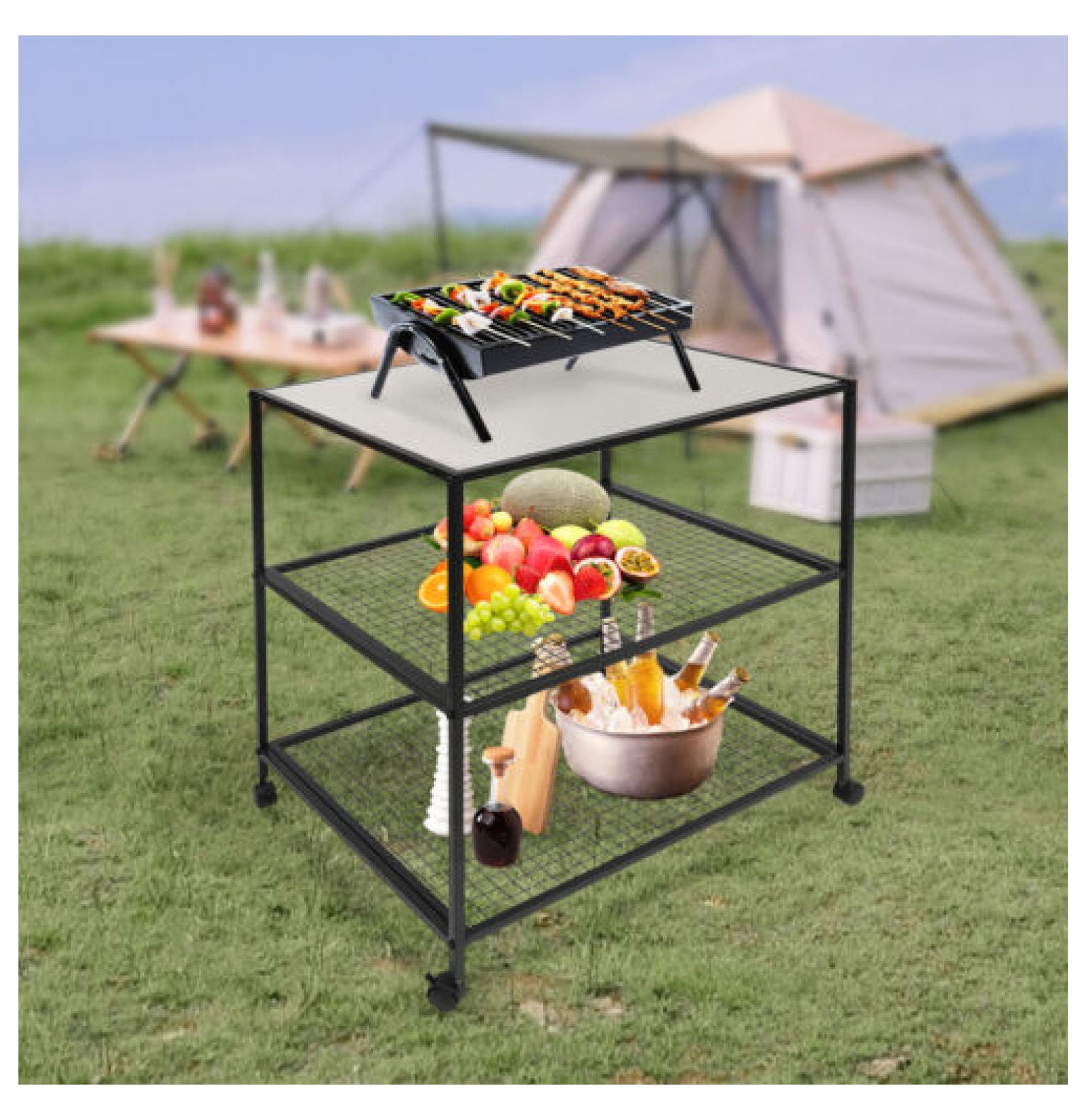 DazzAura Outdoor Prep Dining Cart Table on Wheels BBQ Grill Kitchen ...