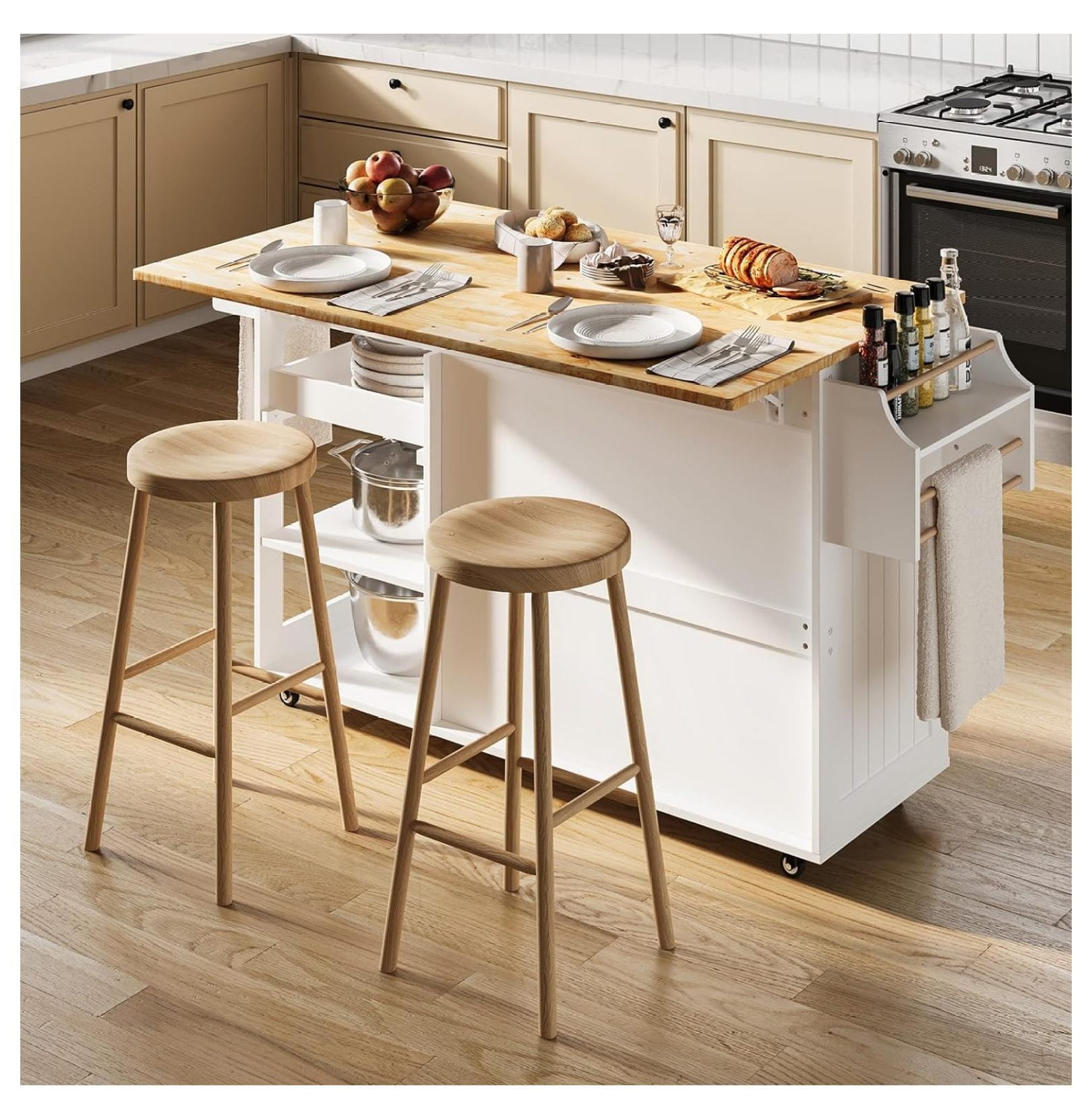 DazzAura Rolling Kitchen Island with Drop Leaf, 60.6" Width Wood ...