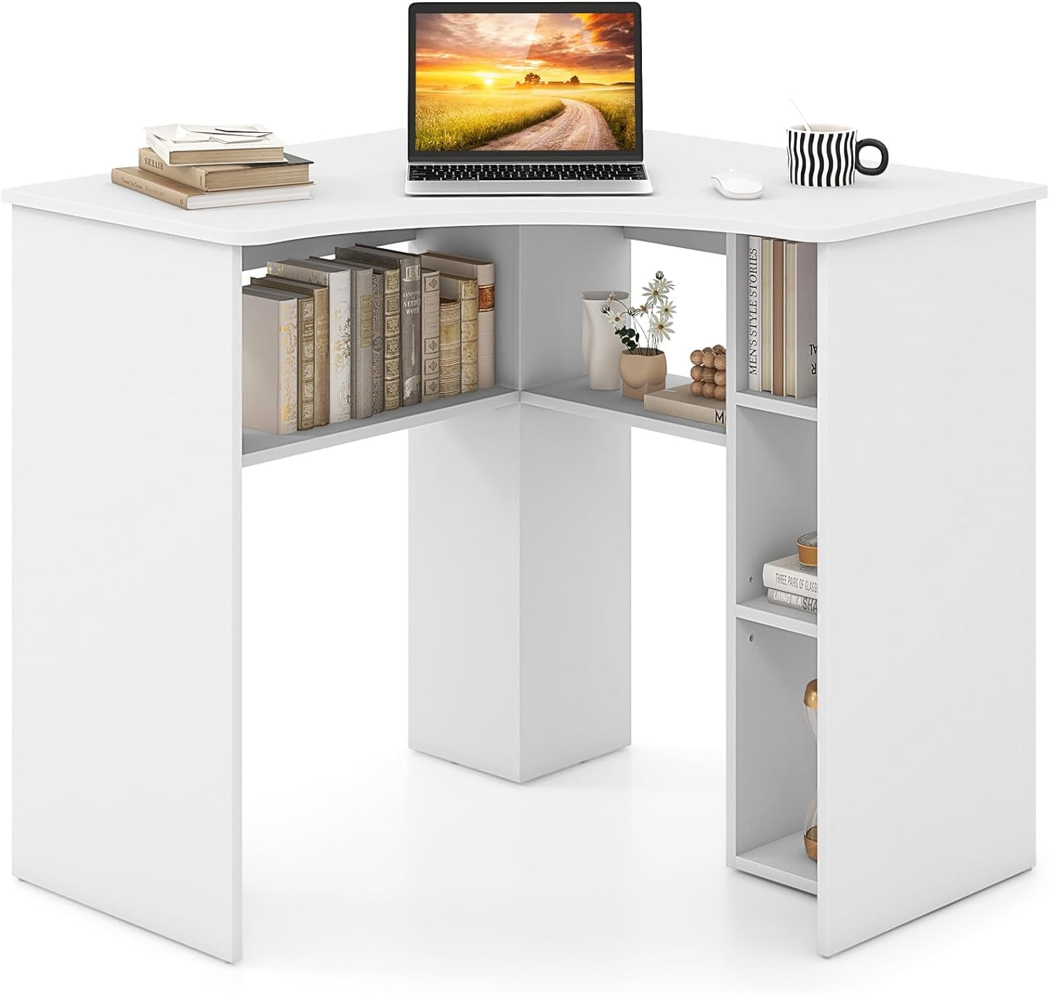 DazzAura White Corner Desk with Storage Shelves, Space-Saving Triangle ...
