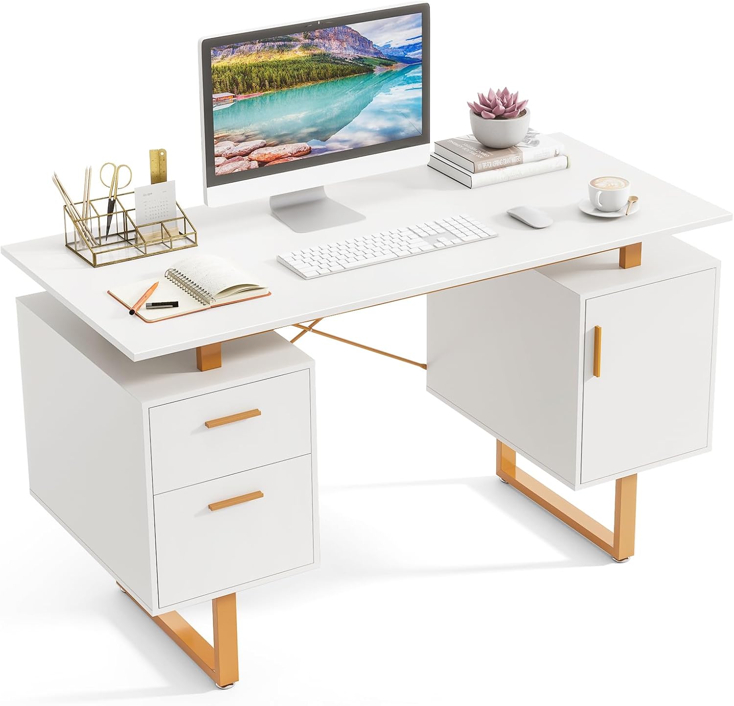 DazzAura White Desk with Storage Drawers & Cabinet, Home Office ...