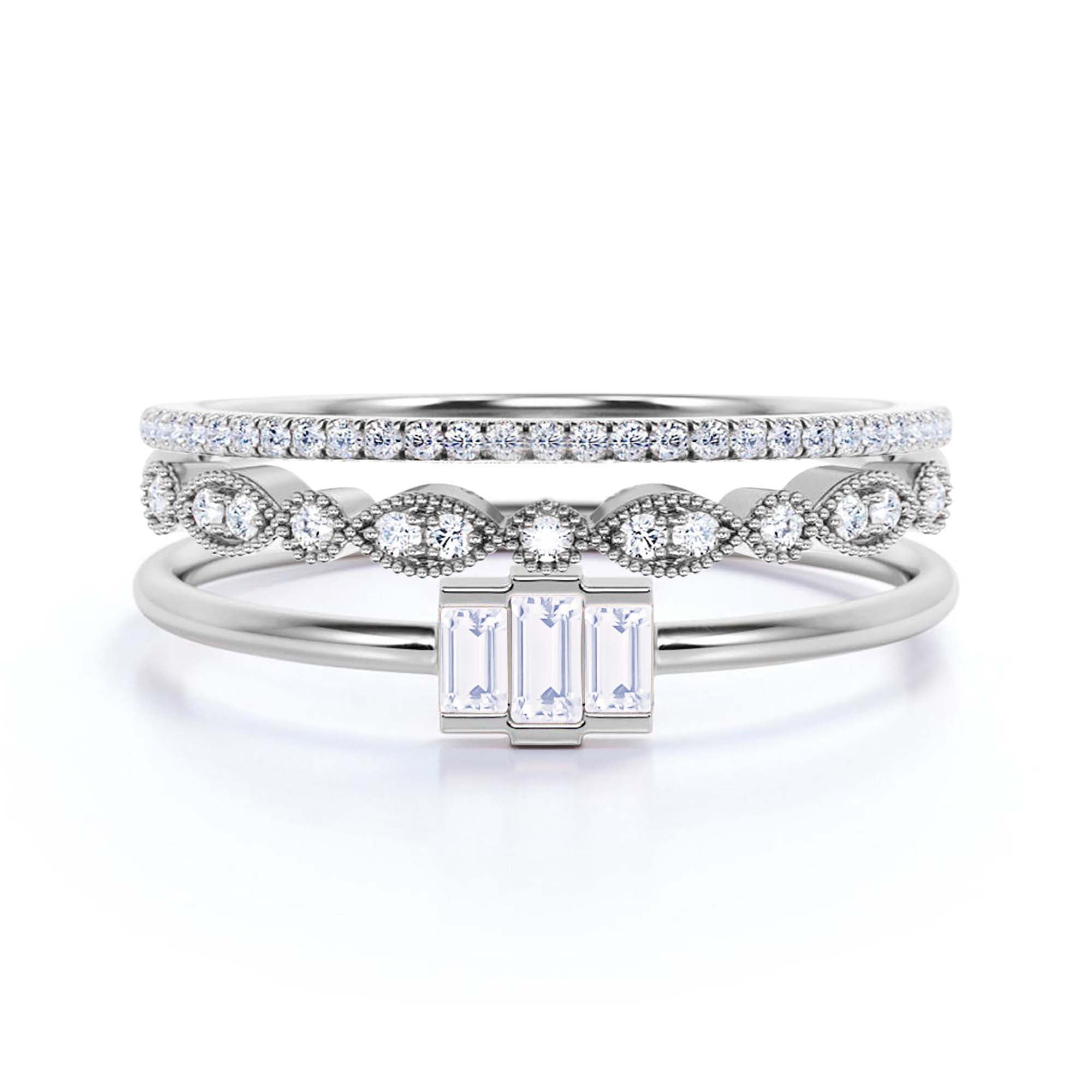 Dazzling 1.70 Carat Baguette Cut Trilogy Diamond Moissanite Engagement ...