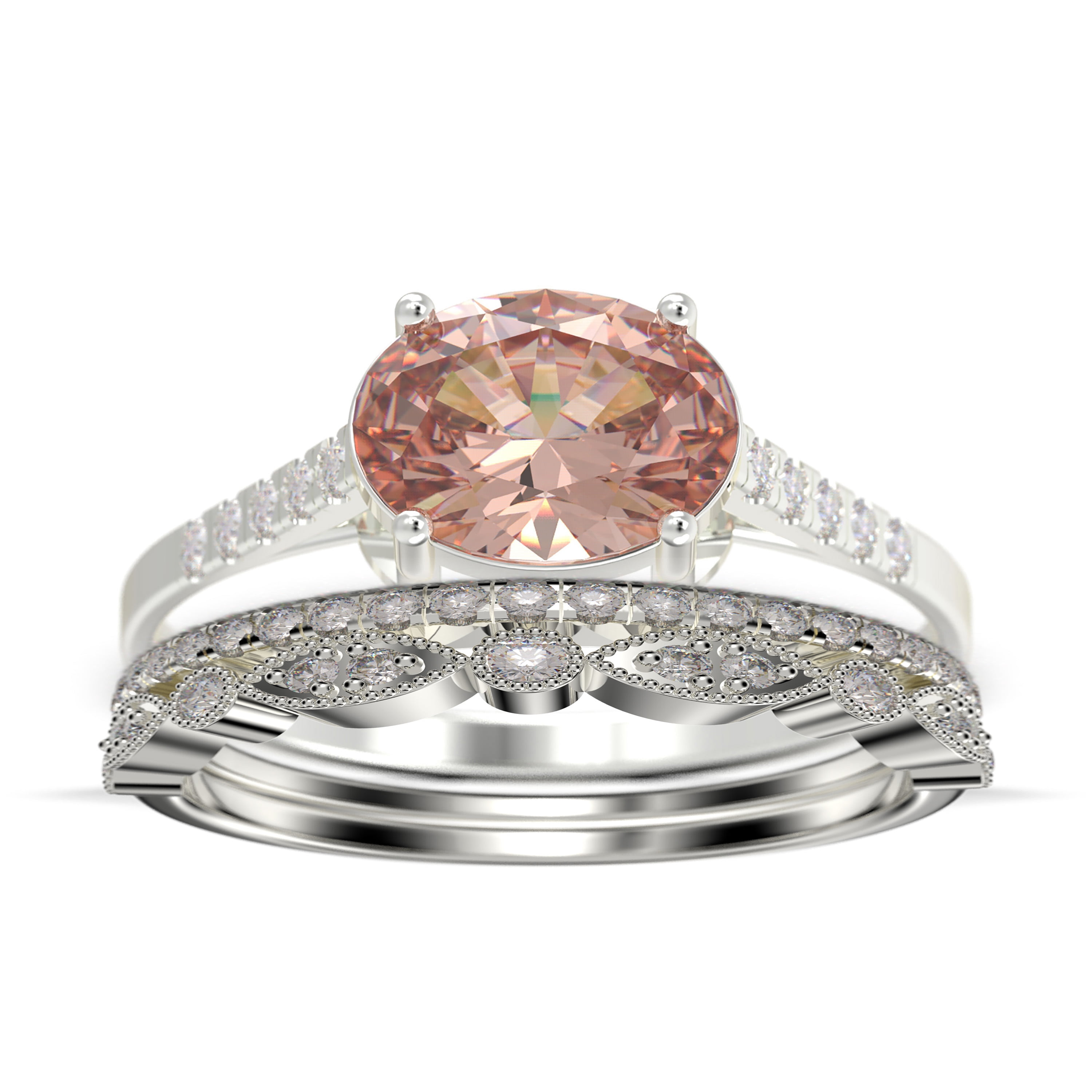 Dazzling Art Deco 2.50 Carat Oval Cut Morganite And Diamond Moissanite Unique Engagement Ring ...