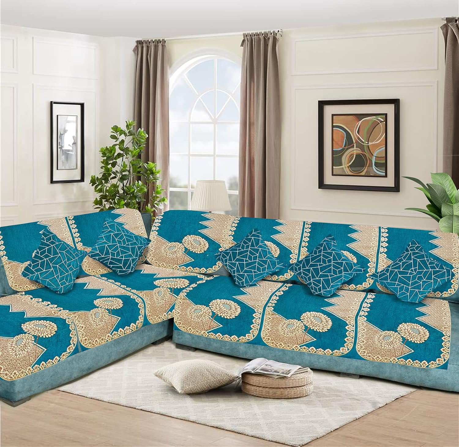 Dazzling DECOR L Shape Velvet Sofa Cover Set Printed Sofa Back Slip ...