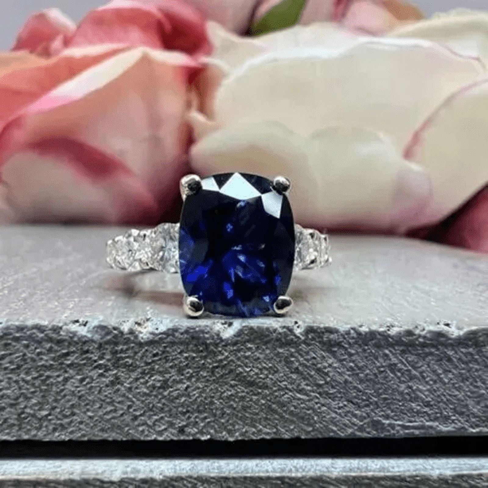 Dazzling Diamonds - 3.34 Ct Cushion Cut Natural Certified Blue Sapphire & Diamond Engagement ...