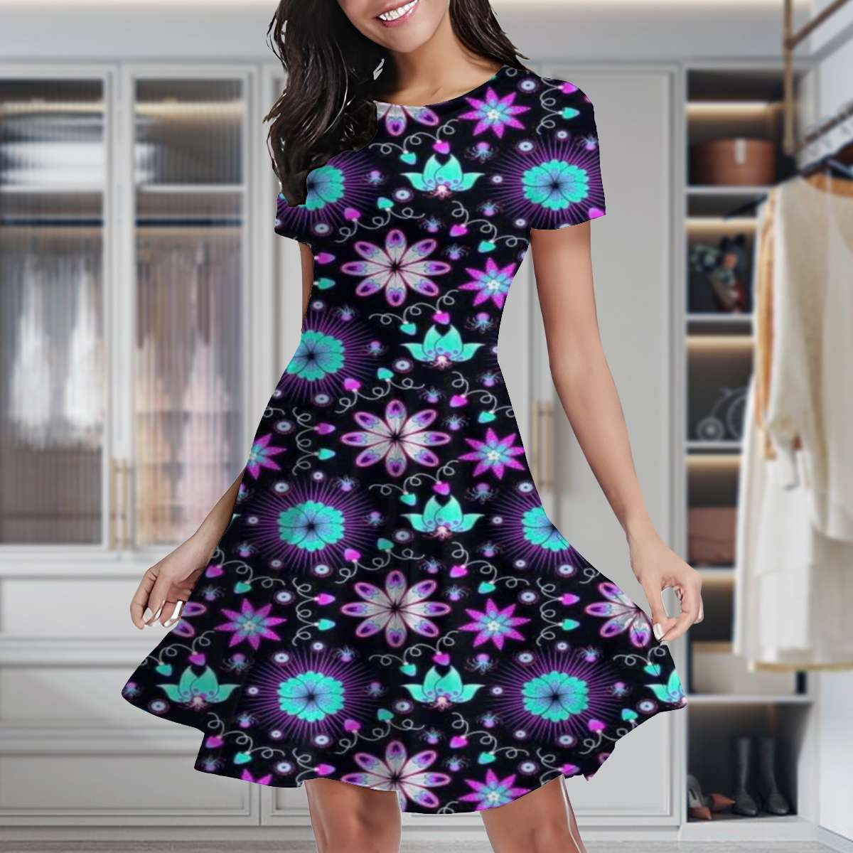 Dazzling Flowers Women's Classic Swing Skater Dress Casual Work Party ...