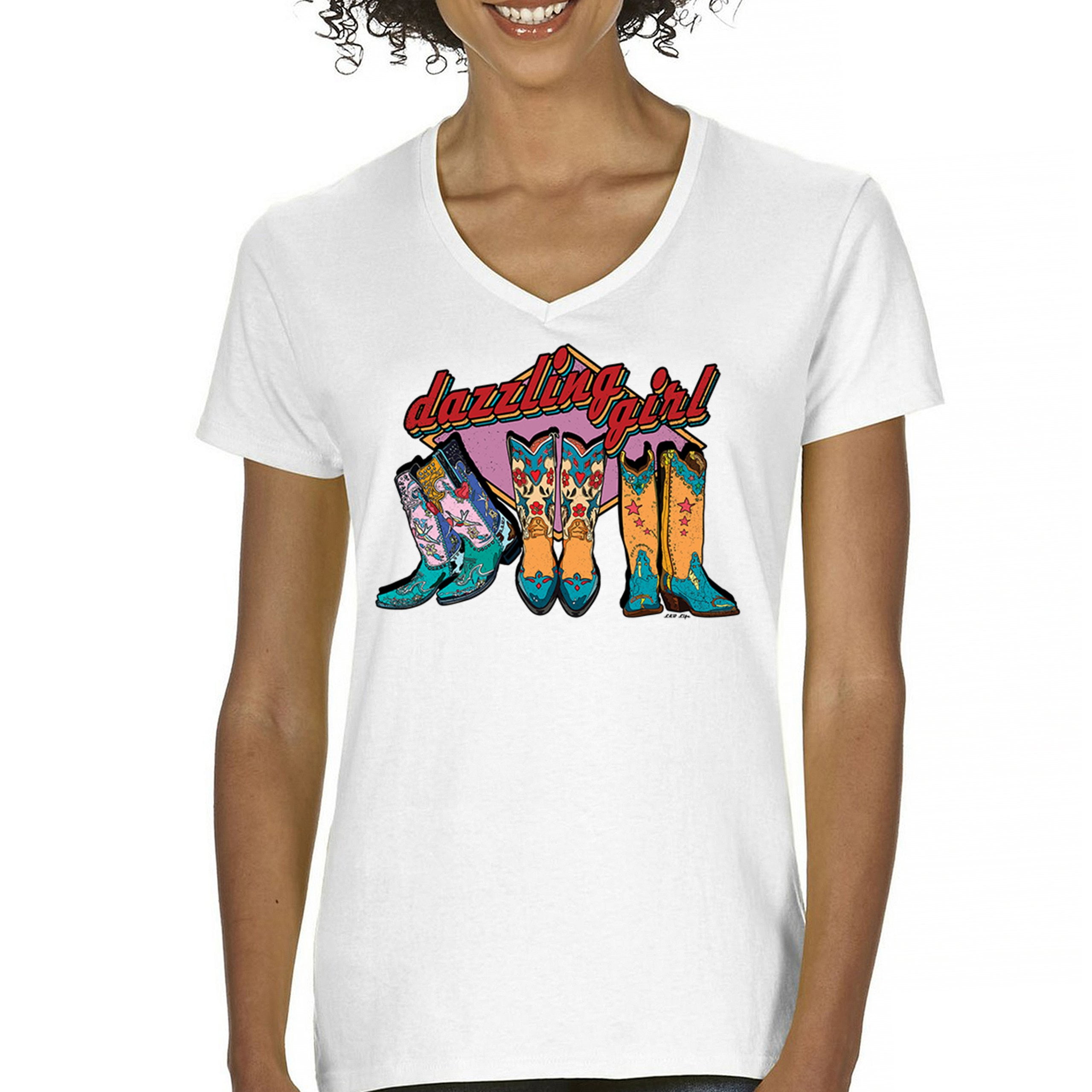 Dazzling Girl Women's V-Neck T-shirt Blessed and Lucky Cowgirl Cute South Vintage Retro American ...