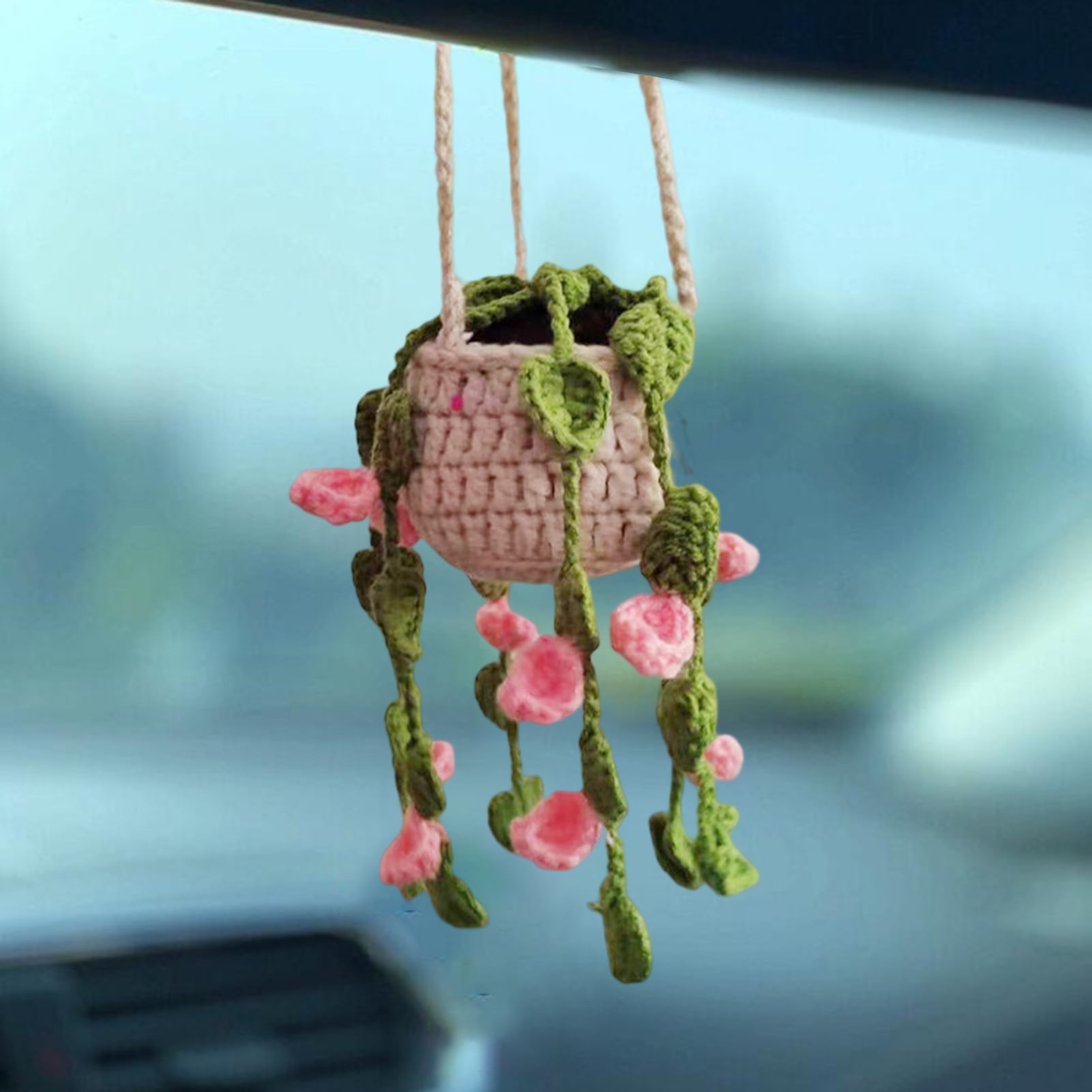 Dbuoem Car Mirror Hanging Accessory Handmade Knitted Crochet Potted ...