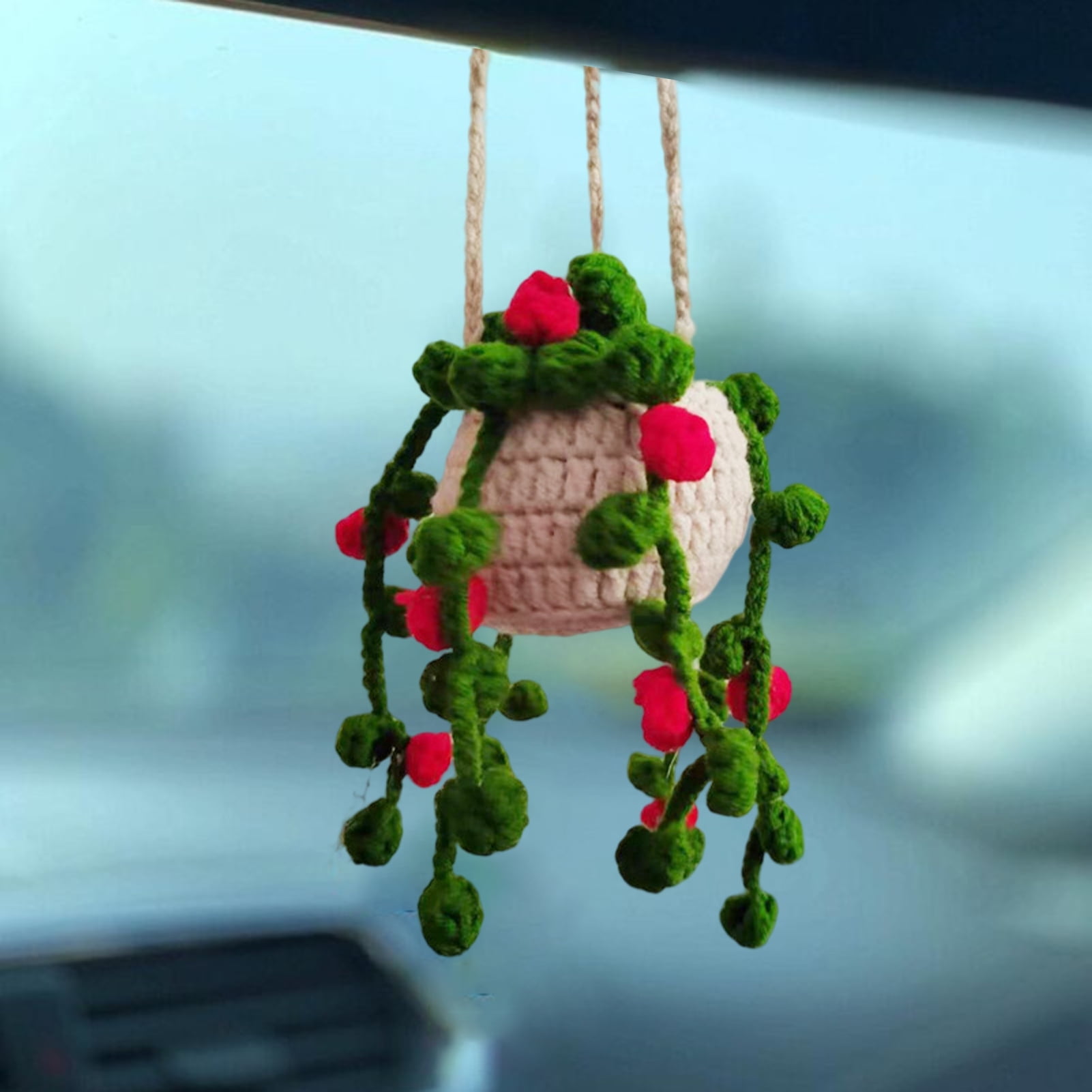 Dbuoem Car Mirror Hanging Accessory Handmade Knitted Crochet Potted ...