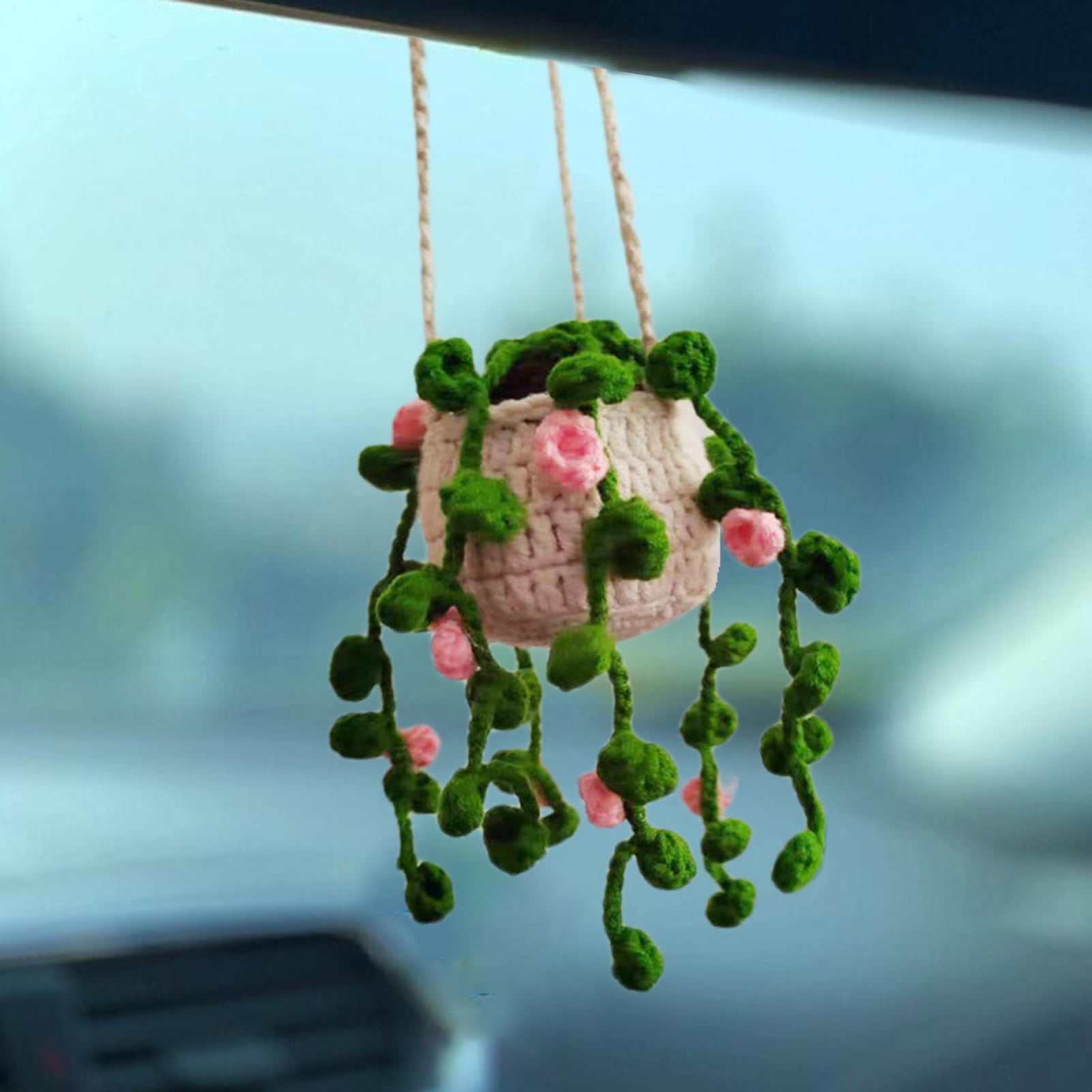 Dbuoem Car Mirror Hanging Accessory Handmade Knitted Crochet Potted ...
