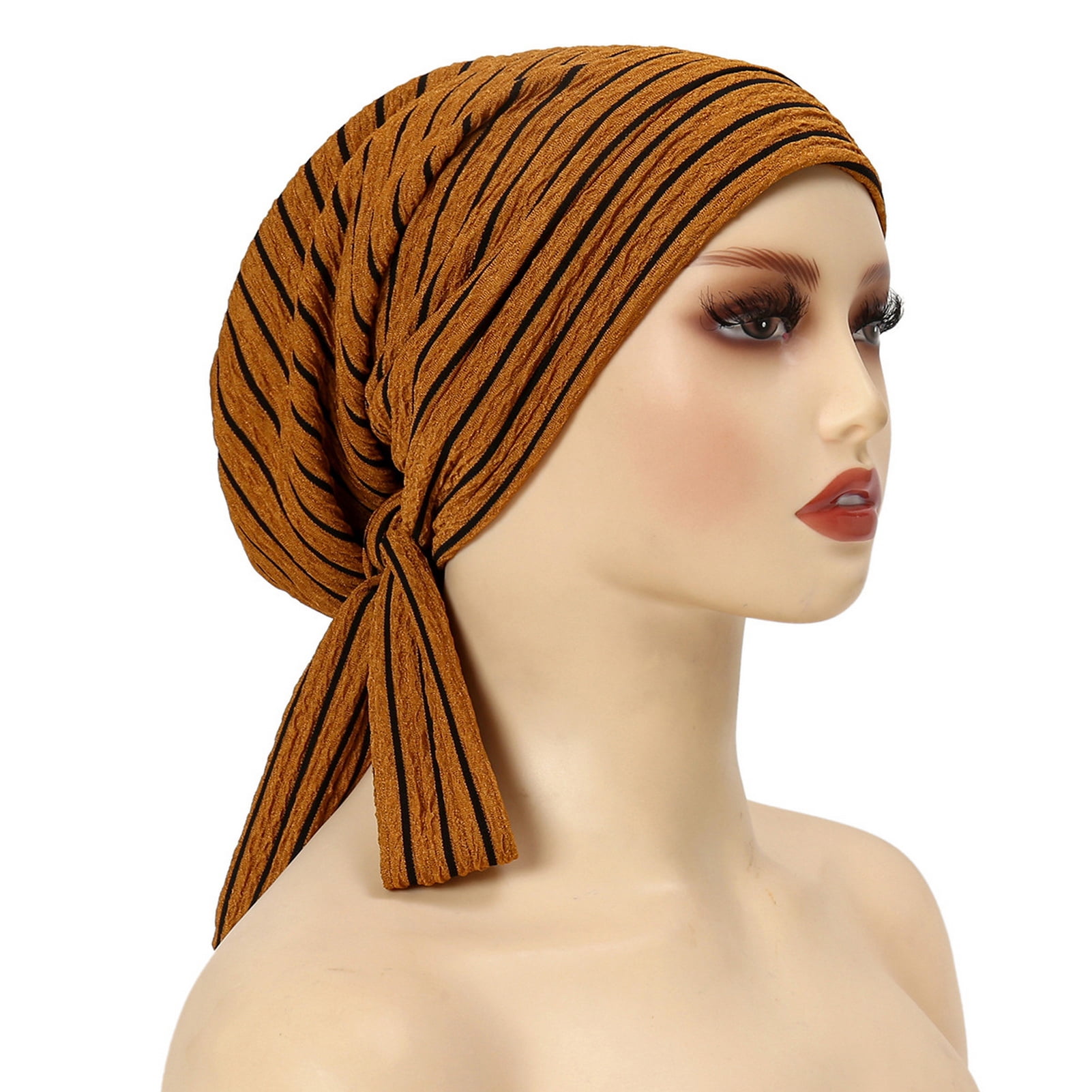 Dbuoem Women Headscarf Hat Striped Print Lace-up Turban Hat Hair Loss ...