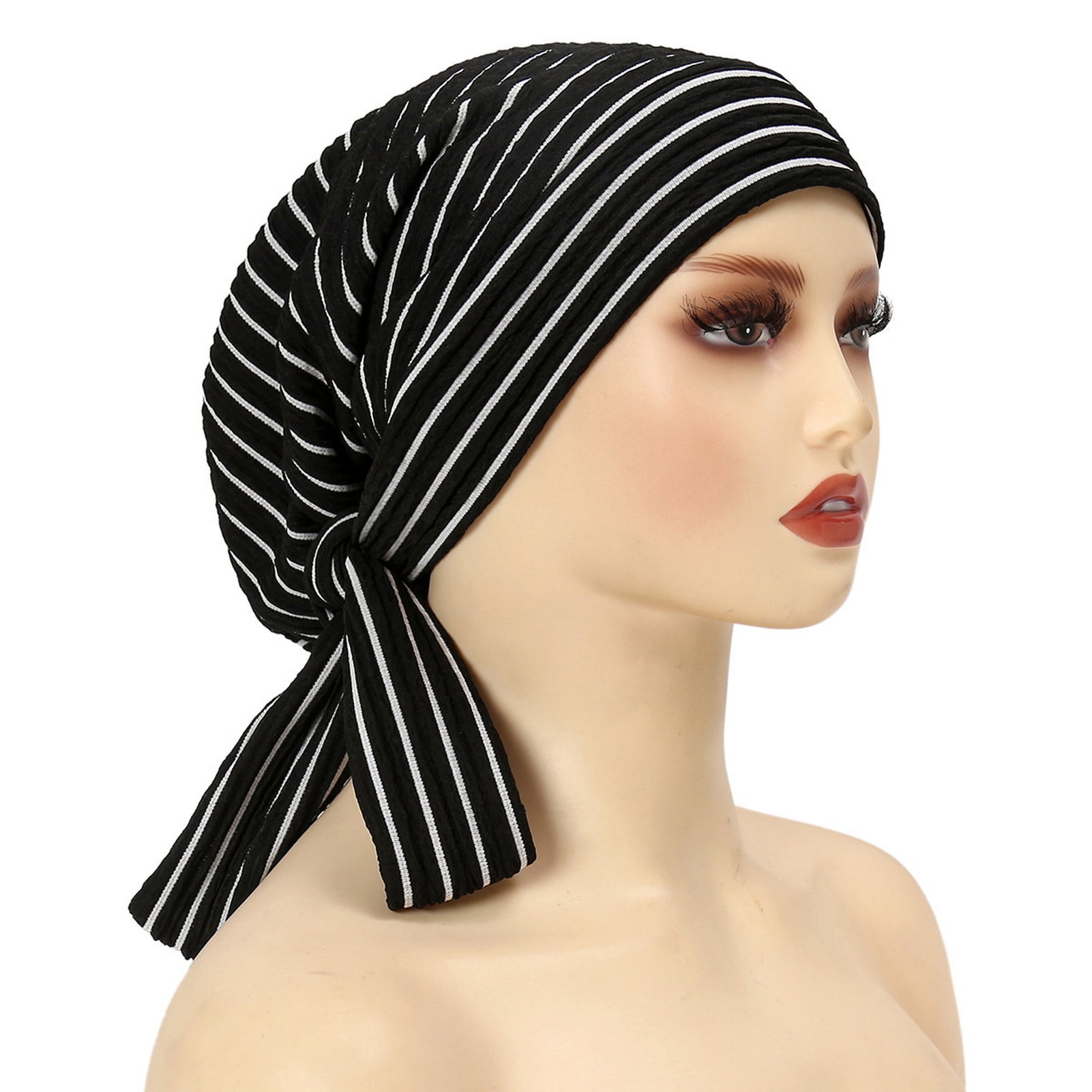 Dbuoem Women Headscarf Hat Striped Print Lace-up Turban Hat Hair Loss ...