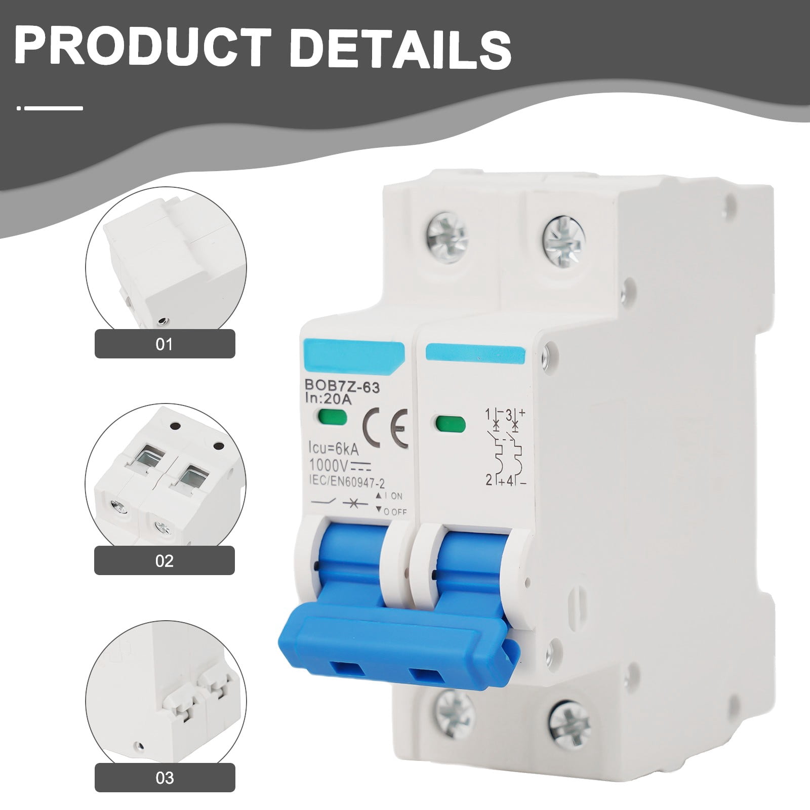 Dc Circuit Breaker 1000V 2 Pole Double Mcb Solar Pv 6 10 16 20 32 40 50 ...