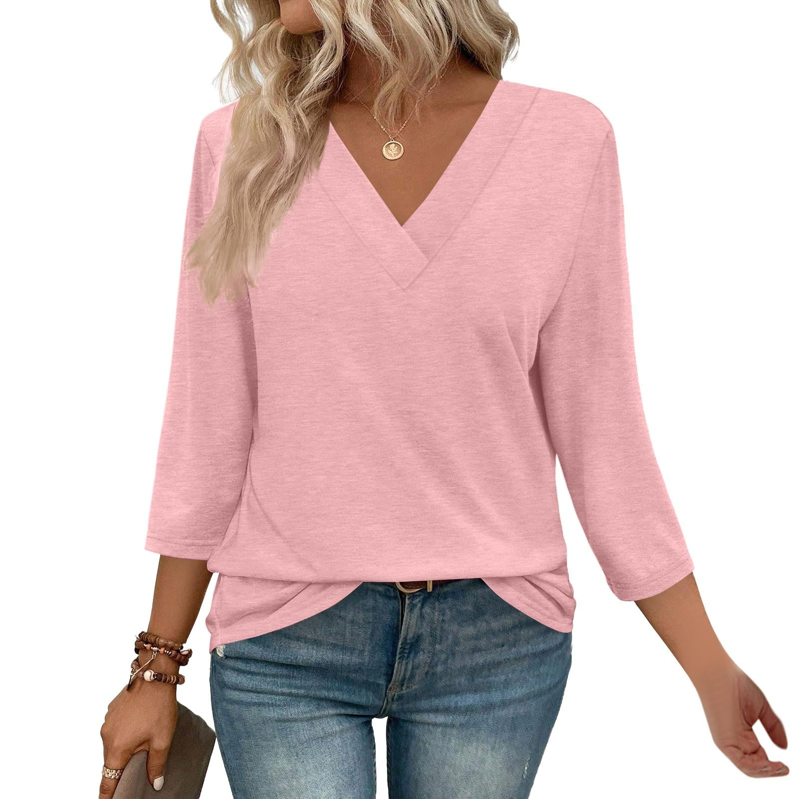 DcGZvy Dressy Casual V Neck Shirt Solid Color Professional Blouse 3/4 ...