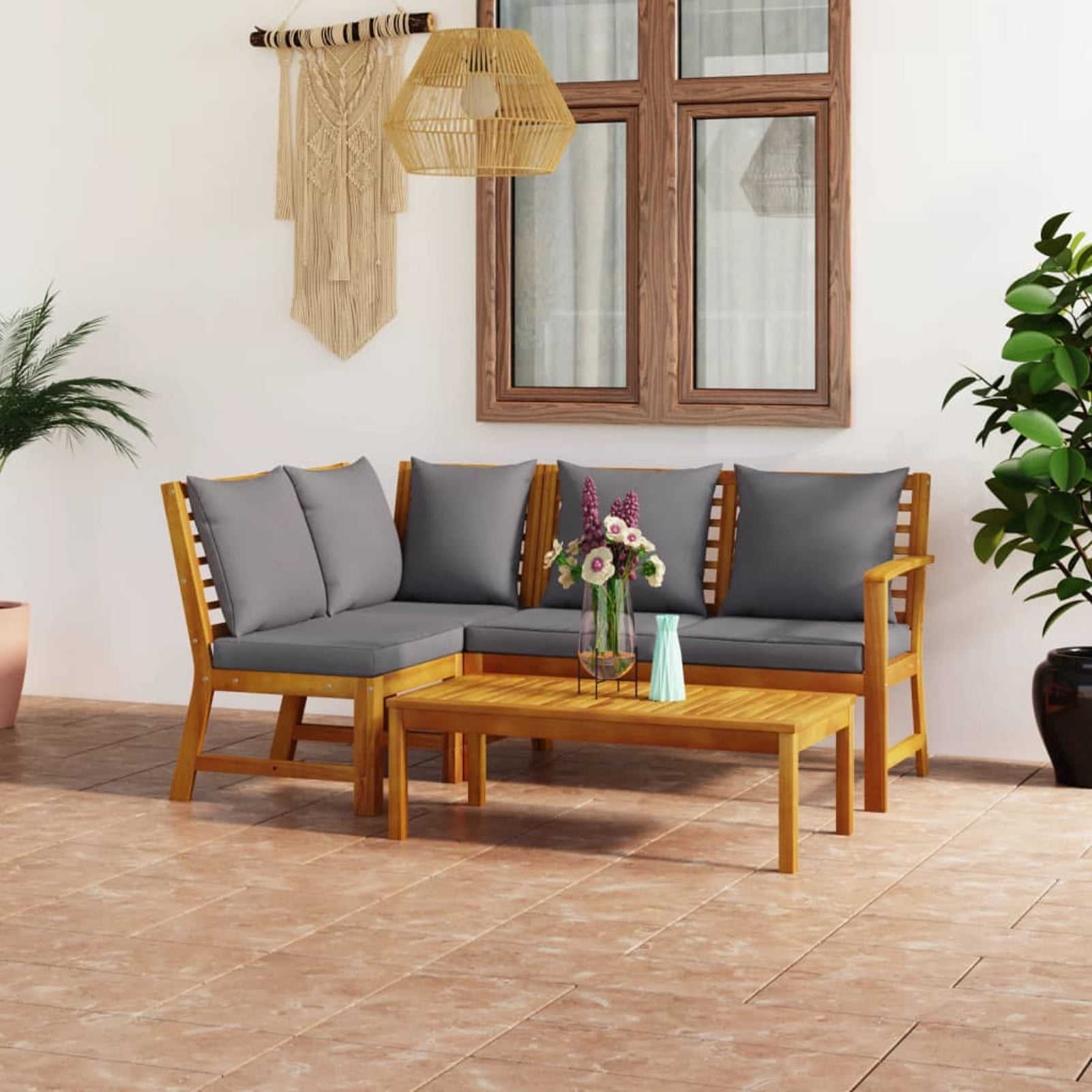 Dcenta 4 Piece Patio Set With Dark Gray Cushions Acacia Wood Bench With Left Arm Table Corner