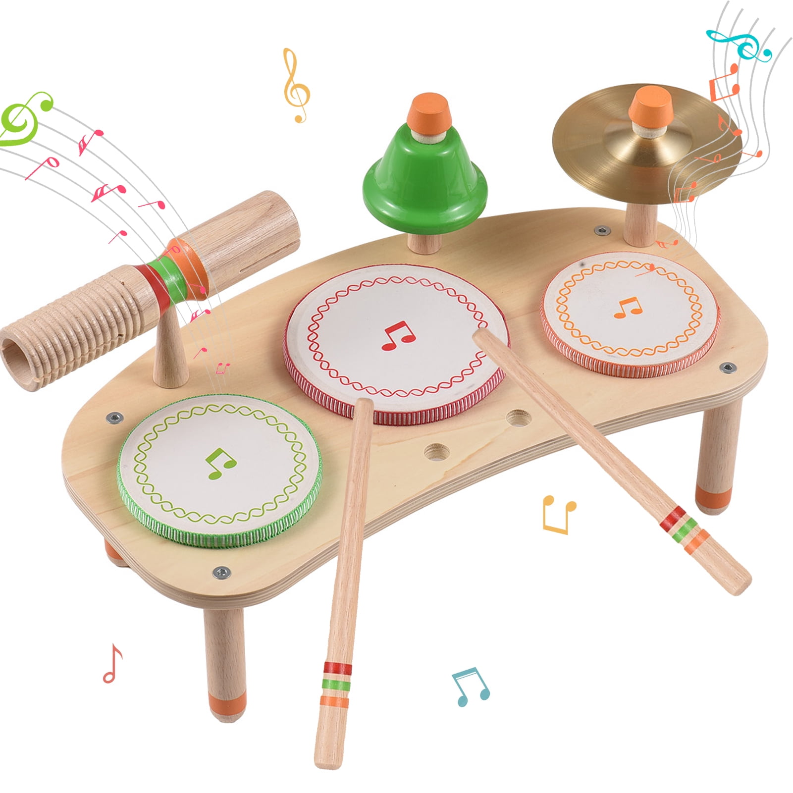 Dcenta Kids Drum Set, 6 in 1 Montessori Musical Instruments Wooden Toys ...