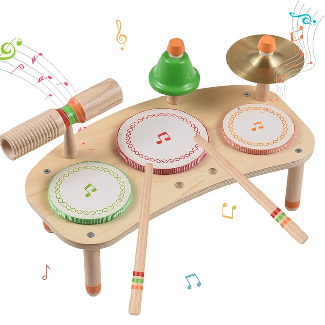 Dcenta Kids Drum Set, 6 in 1 Montessori Musical Instruments Wooden Toys ...