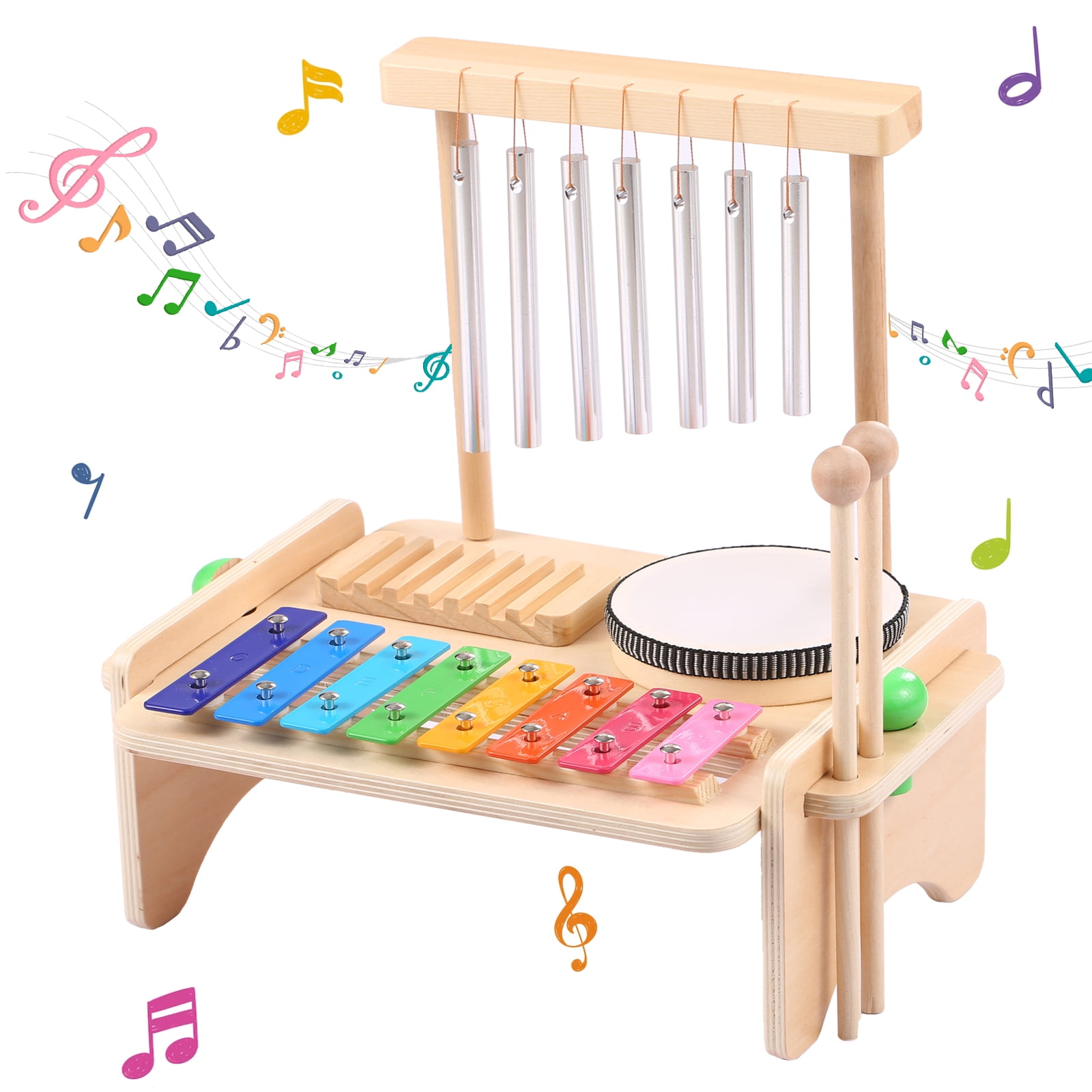 Dcenta Toddler Drum Set, 6 in 1 Montessori Wooden Musical Instruments ...