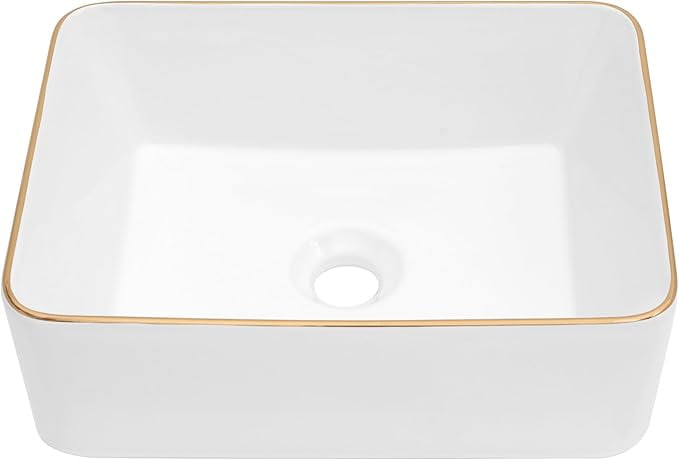 Dcolora 16"x12" Rectangular Vessel Sink with Golden Rim – White Ceramic ...