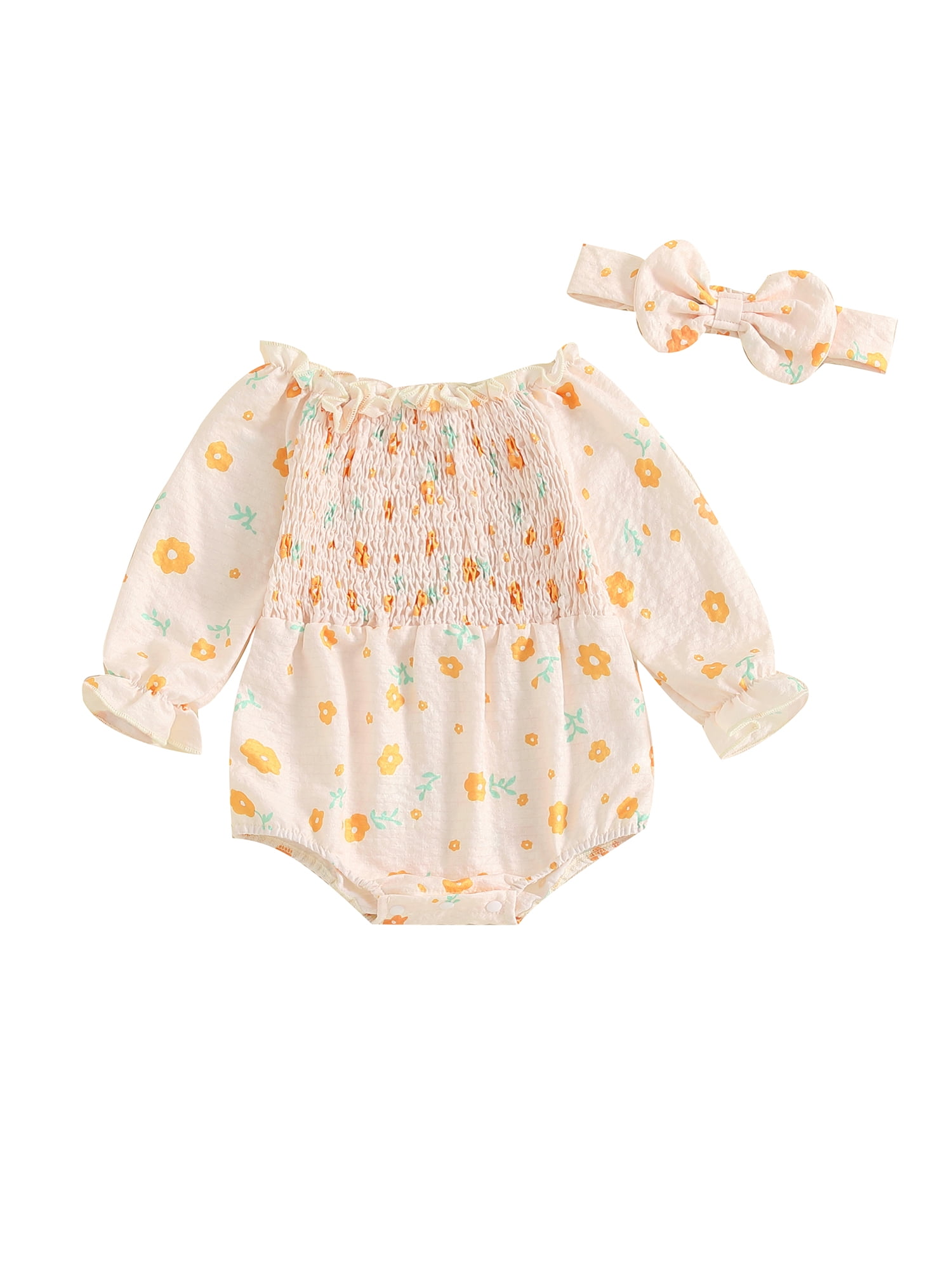 DcoolMoogl Girl Fall Smocked Romper Floral Long Sleeve Bubble Jumpsuit ...