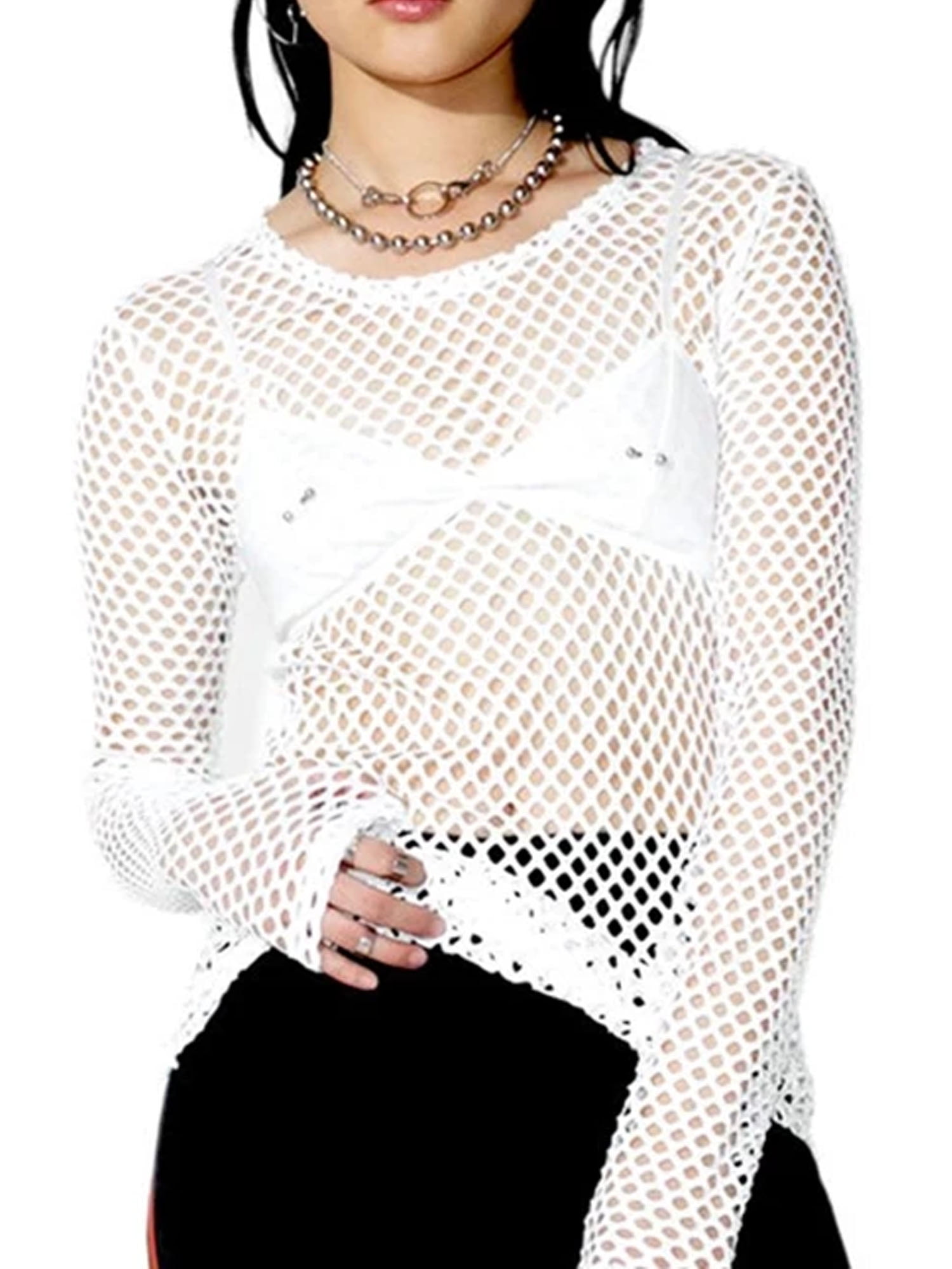 DcoolMoogl Women Fishnet Sheer T-Shirts Blouse Top Gothic Long Sleeve ...