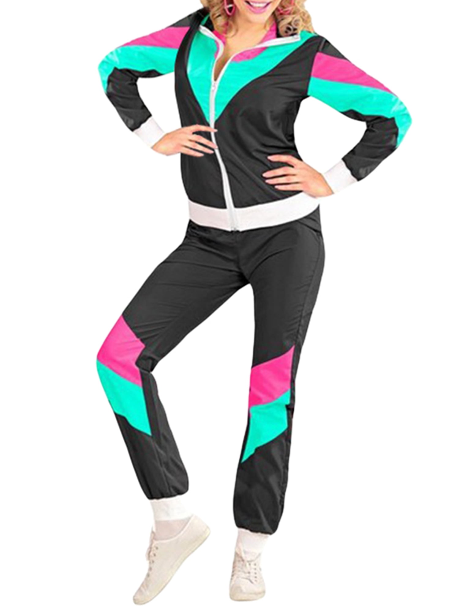 DcoolMoogl Women Men 80s/90s Tracksuit Outfits Color Block Retro Disco ...